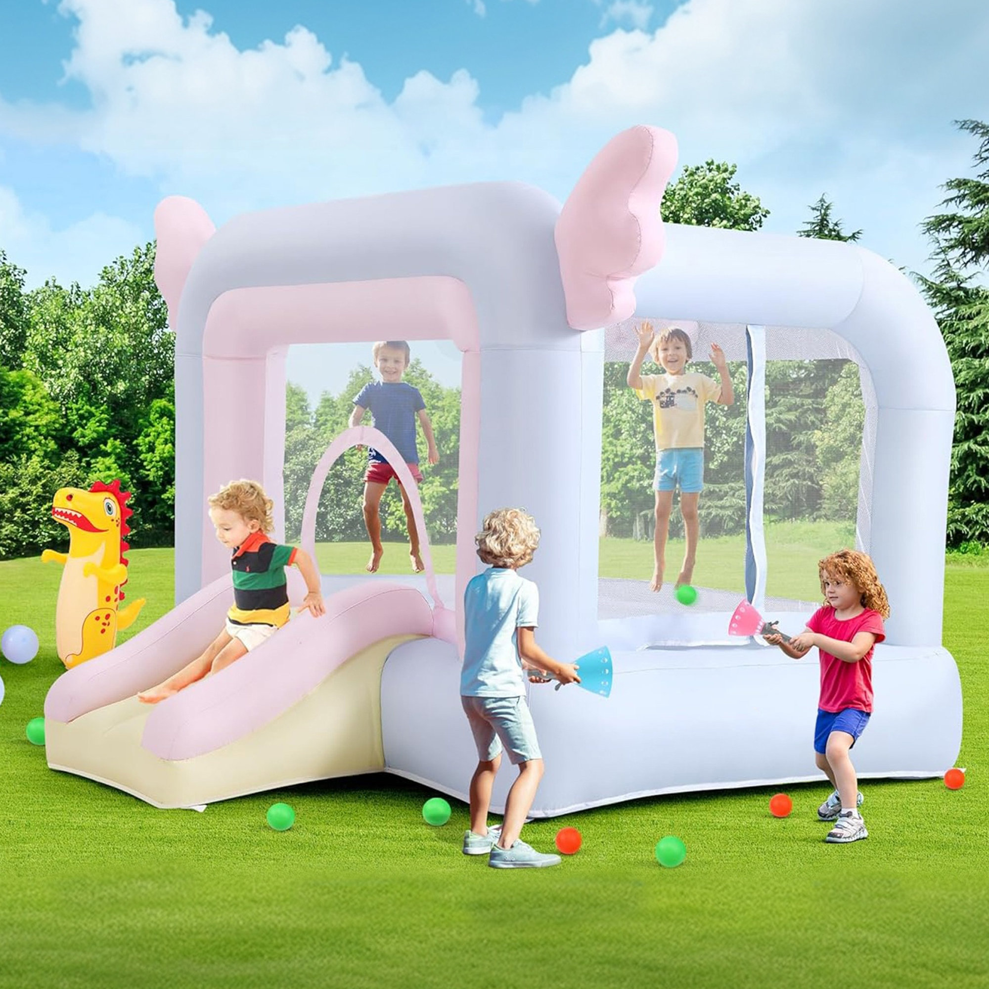 Ancheer 8.9 ft x 7.1 ft Bouncy Castle Daydreamer Cotton Candy Bounce House, Pastel Bouncer with ...