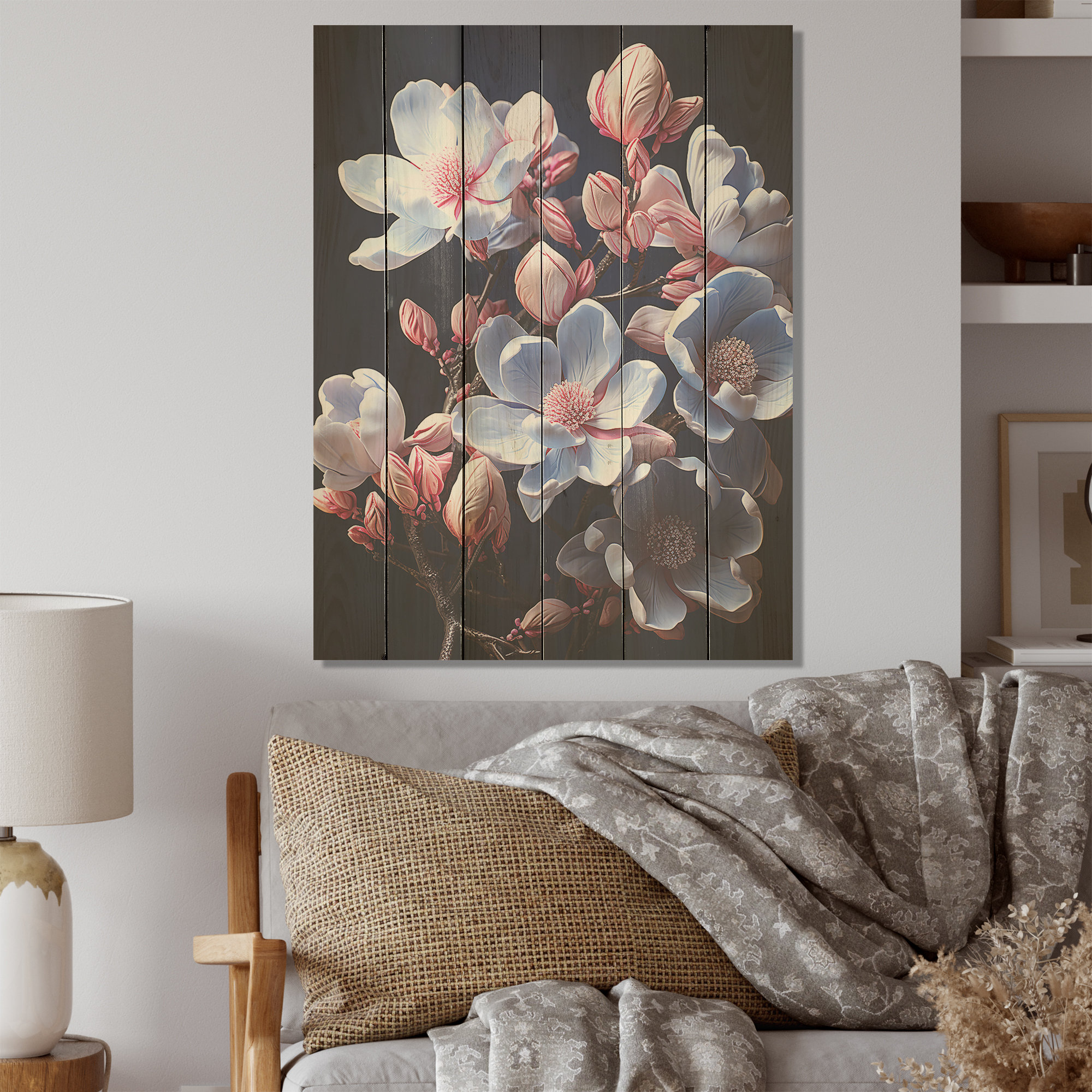 Lark Manor Whispered Blue Pink Magnolias Serenade I - Magnolias Wood Wall Art On Natural Pine ...