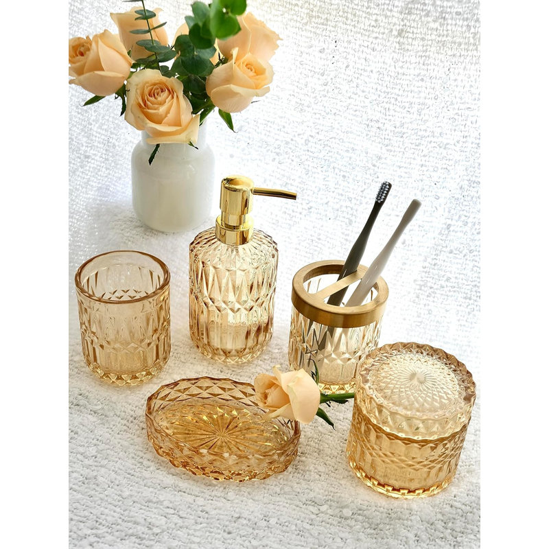 Everly Quinn Glass Bathroom Accessories Set, 5Pcs , Hand Soap Dispenser ...