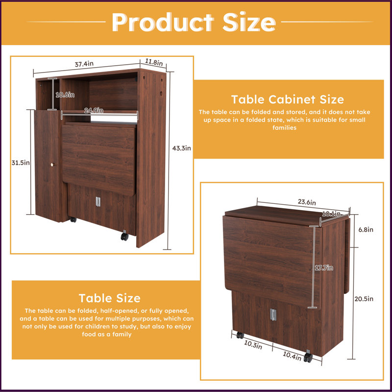 babevy Folding Dining Table With Storage, Drop Leaf Table With Wall ...