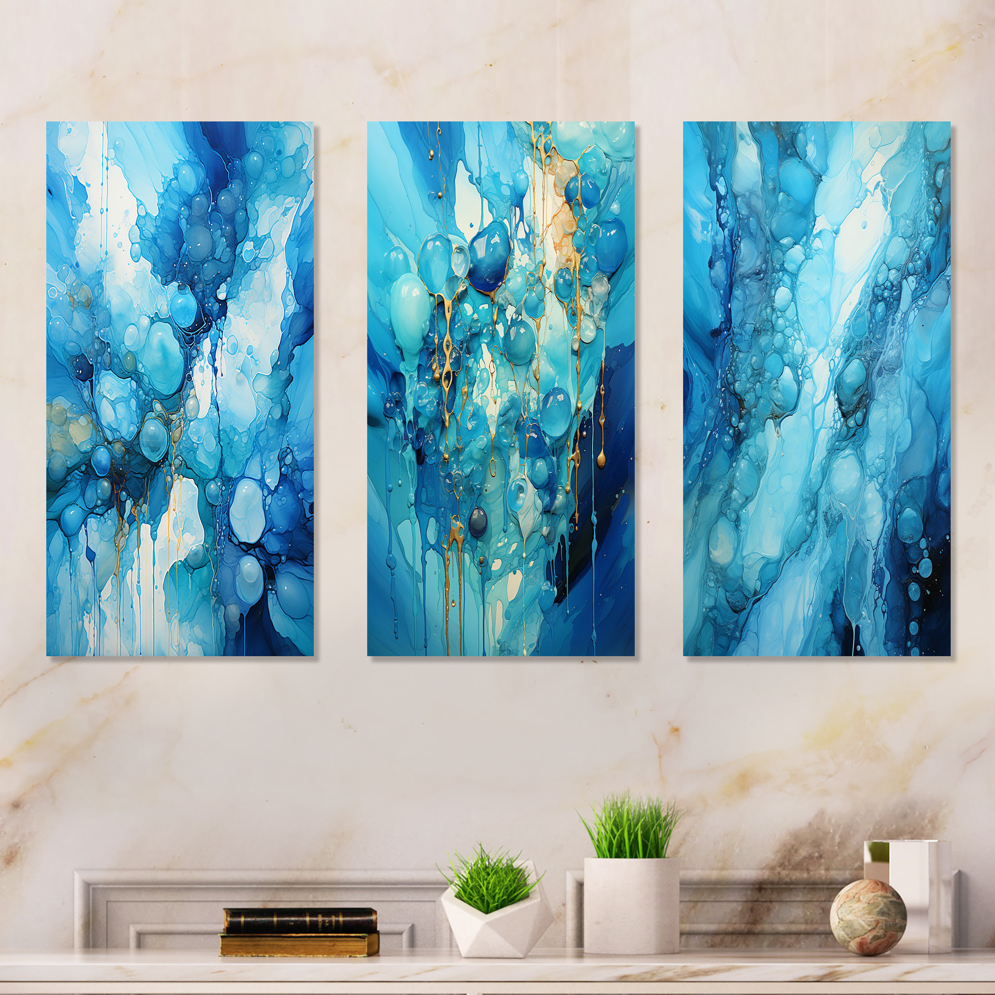 Ivy Bronx Symphony White And Blue Drip Painting - Drip Painting Canvas ...