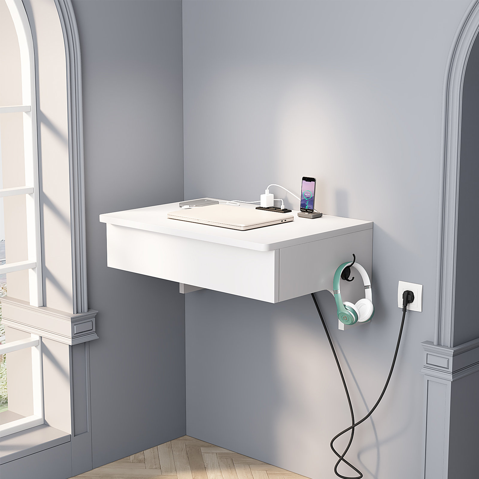 Ebern Designs Wall Mounted Laptop Desk with Charging Station,Floating ...