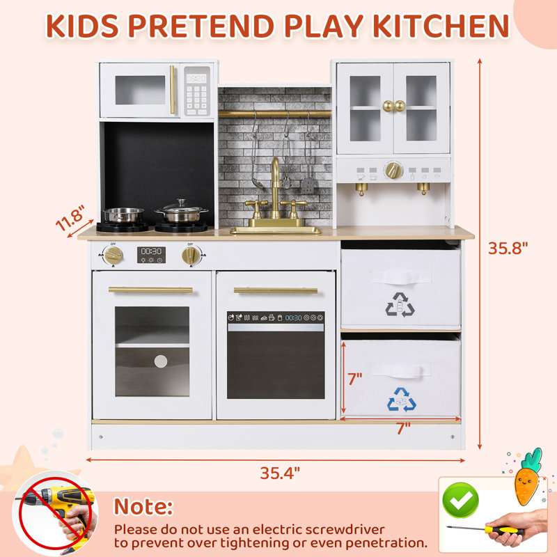 Pirecart Kids Play Kitchen, Wooden Pretend Toy Kitchen, Toodler Cooking ...