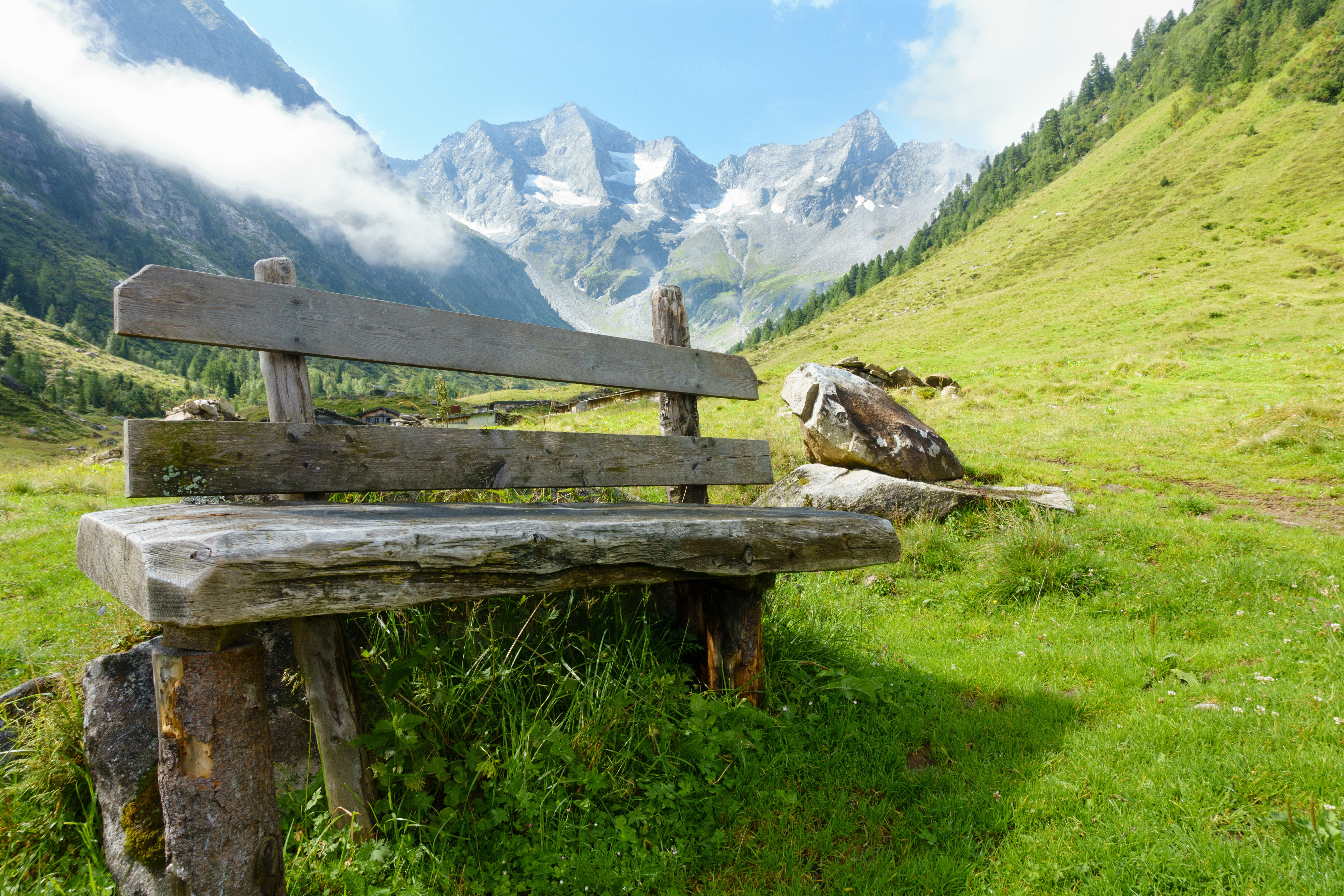 Millwood Pines Bench in Austrian Alps by Bypaul - Wrapped Canvas ...
