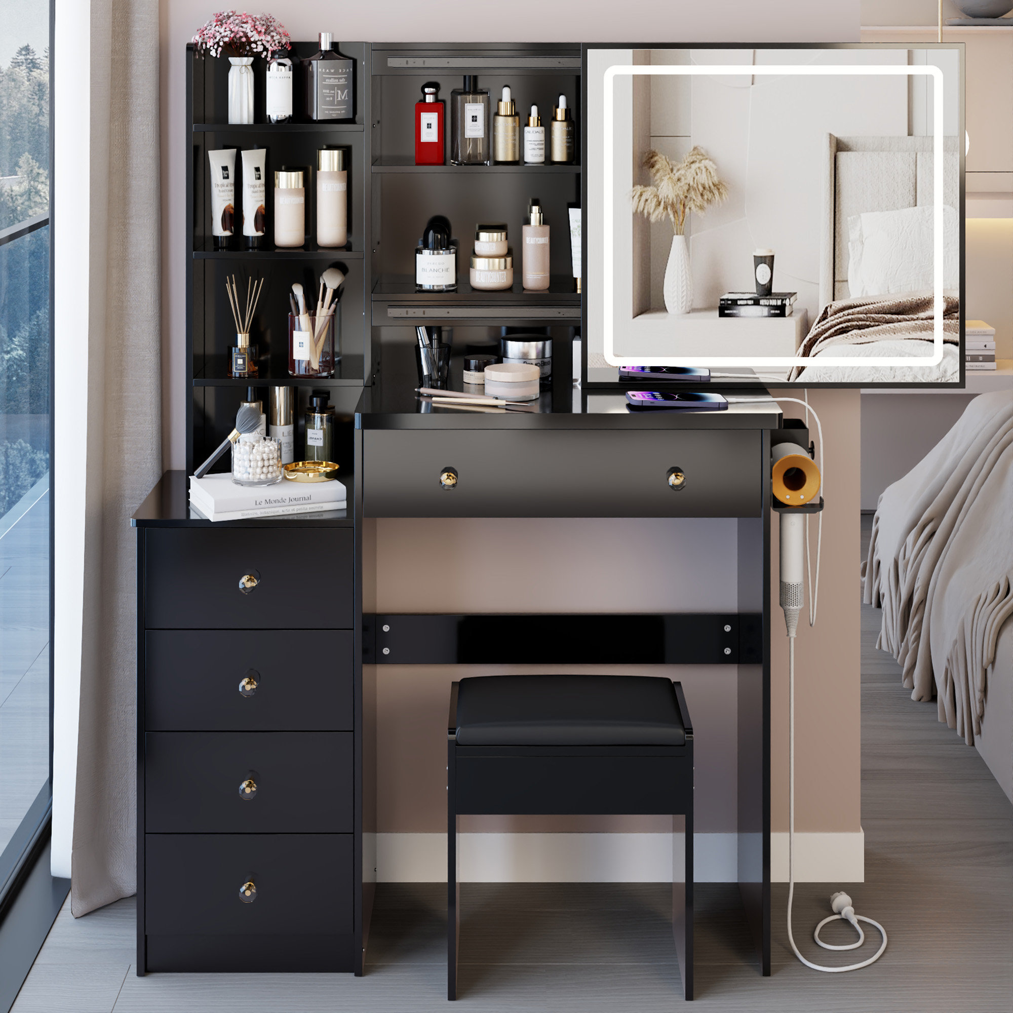 Latitude Run® Left Bedside Cabinet Vanity Table + Cushioned Stool ...