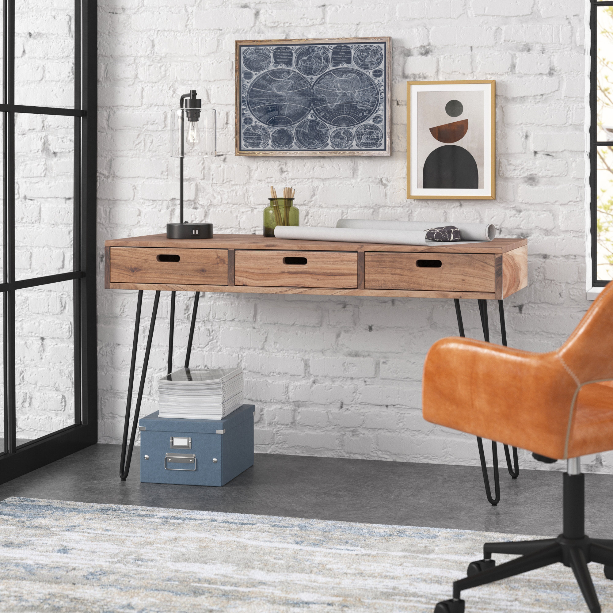 Steelside™ Whitby Solid Wood Desk with Built in Outlets & Reviews | Wayfair