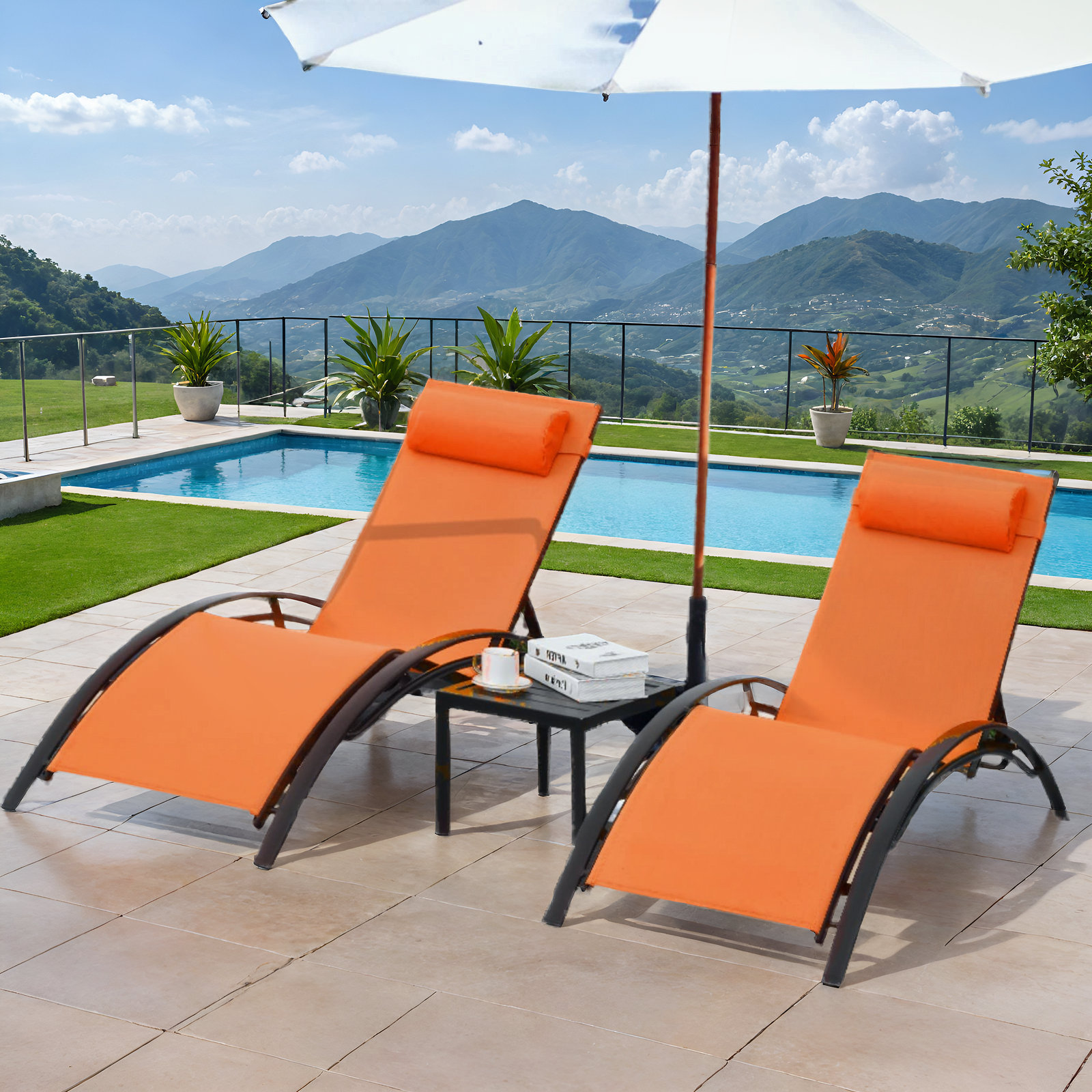 Ebern Designs 3 pcs Poolchairs Patio Chaise Lounge Set with Headrest, 5 ...