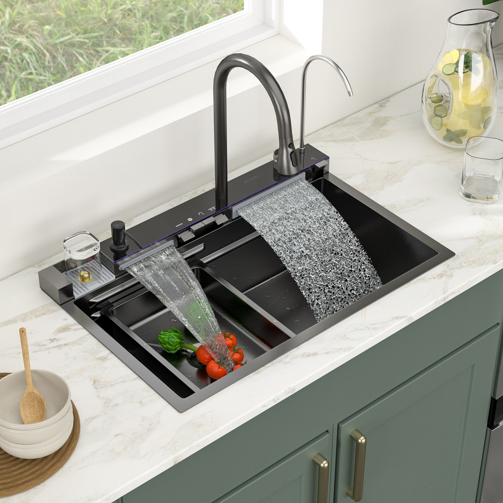 Logmey 30 in. Drop-In Single Bowl Waterfall Sink Gunmetal Black 16 ...