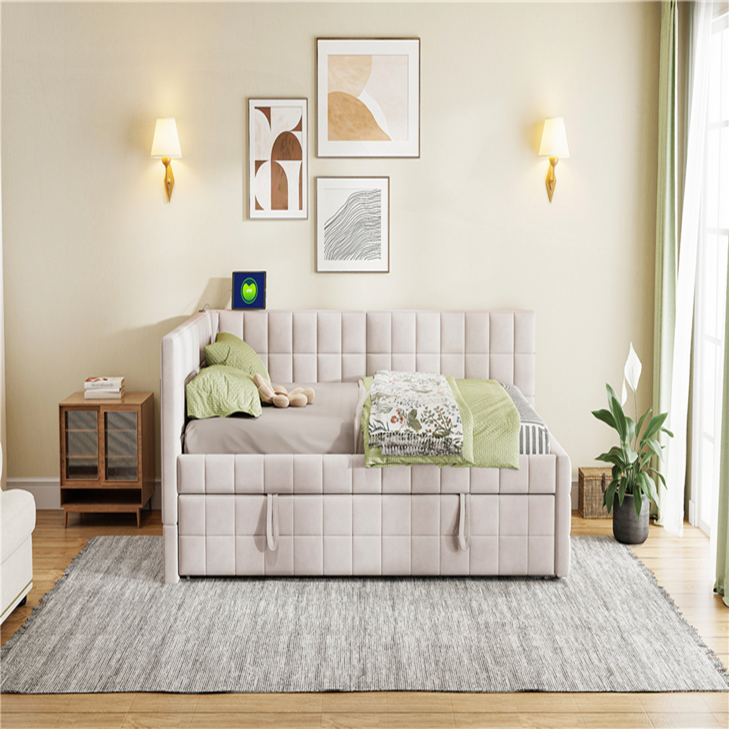 Latitude Run® Full Size L-Shaped Upholstered Daybed with Twin Trundle ...