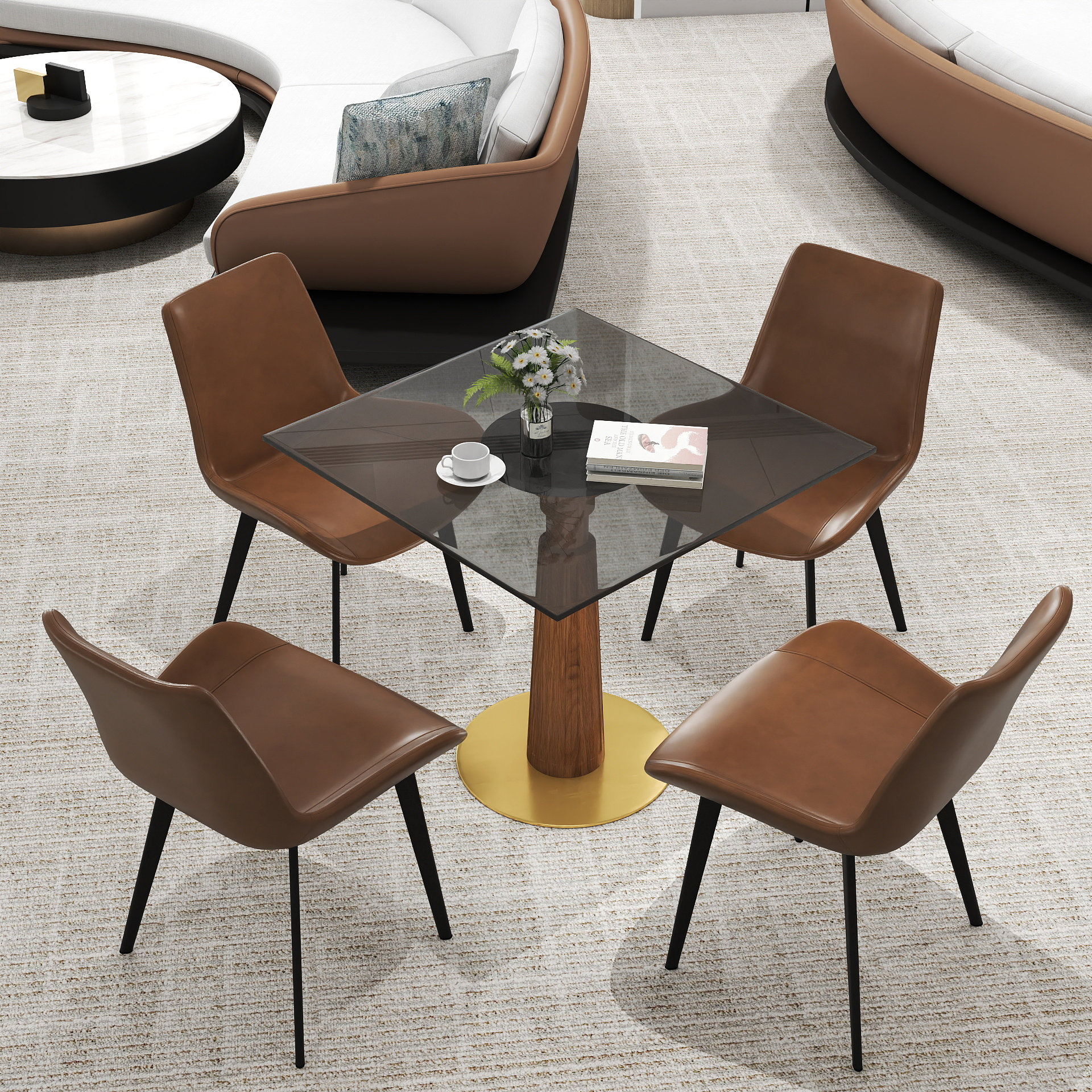 Jose 5-Piece Modern Square Glass Conference Table Set With 4 Leather ...