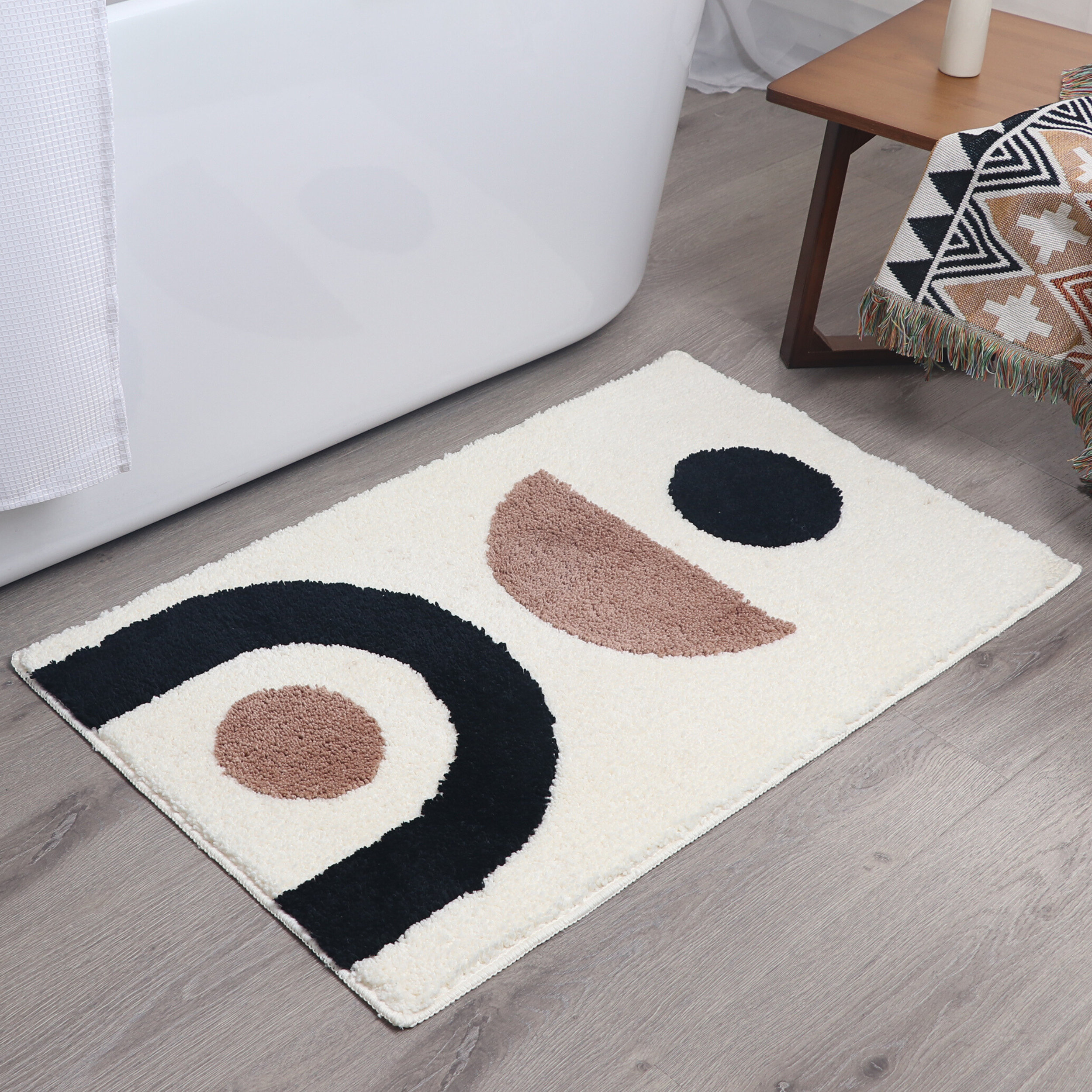 George Oliver Abstract Rug White Boho Bathroom Mat - Beige Geometric ...