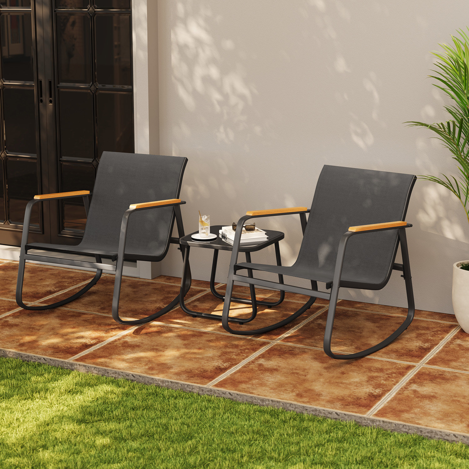 Ebern Designs 3 Piece Outdoor Patio Set with Textilene Rocking Chairs ...