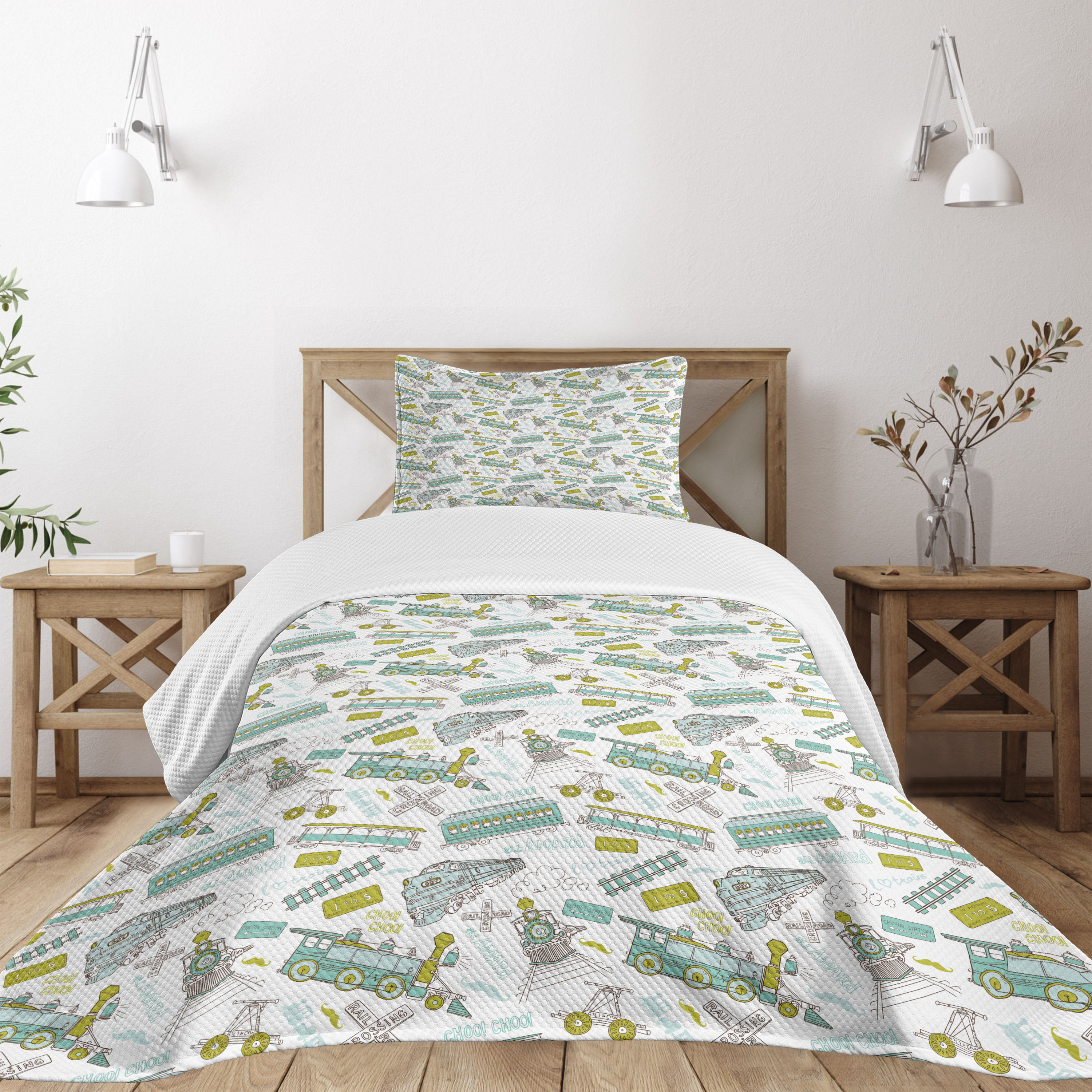 Ambesonne Steam Engine Bedspread Set Train Pattern Travel Apple Green ...