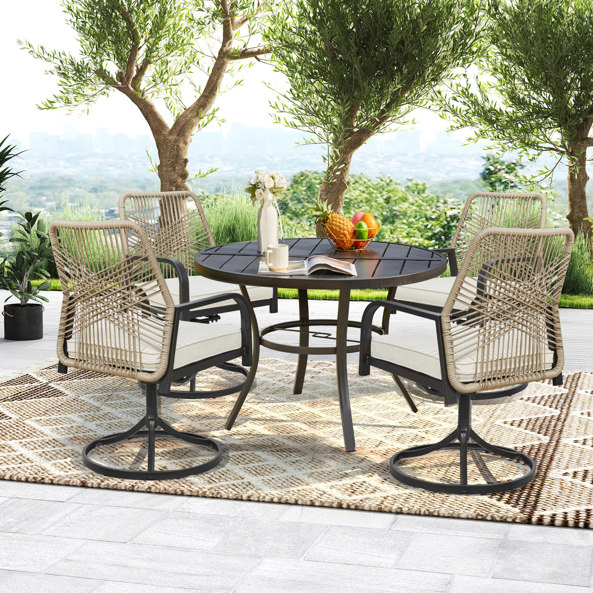 EROMMY 5 Pieces Outdoor Patio Dining Set, 4 Woven Rattan Swivel Chairs ...