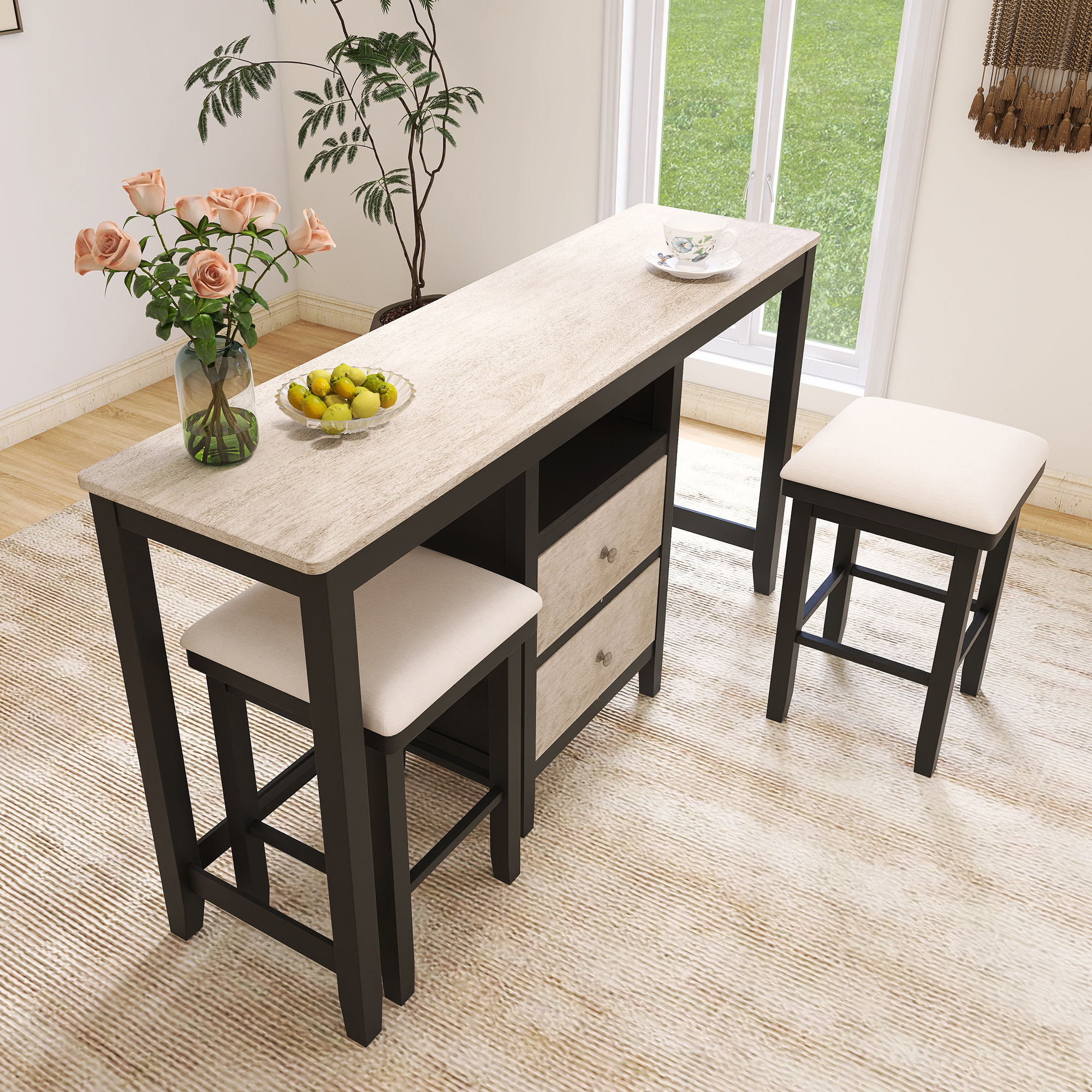 Lark Manor™ 3-Piece Counter Height Wood Dining Table Set With Cabinet ...