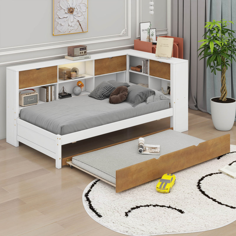 Lark Manor™ Clayten Corner Bed Wooden Captain L-Shaped Bed With Led ...