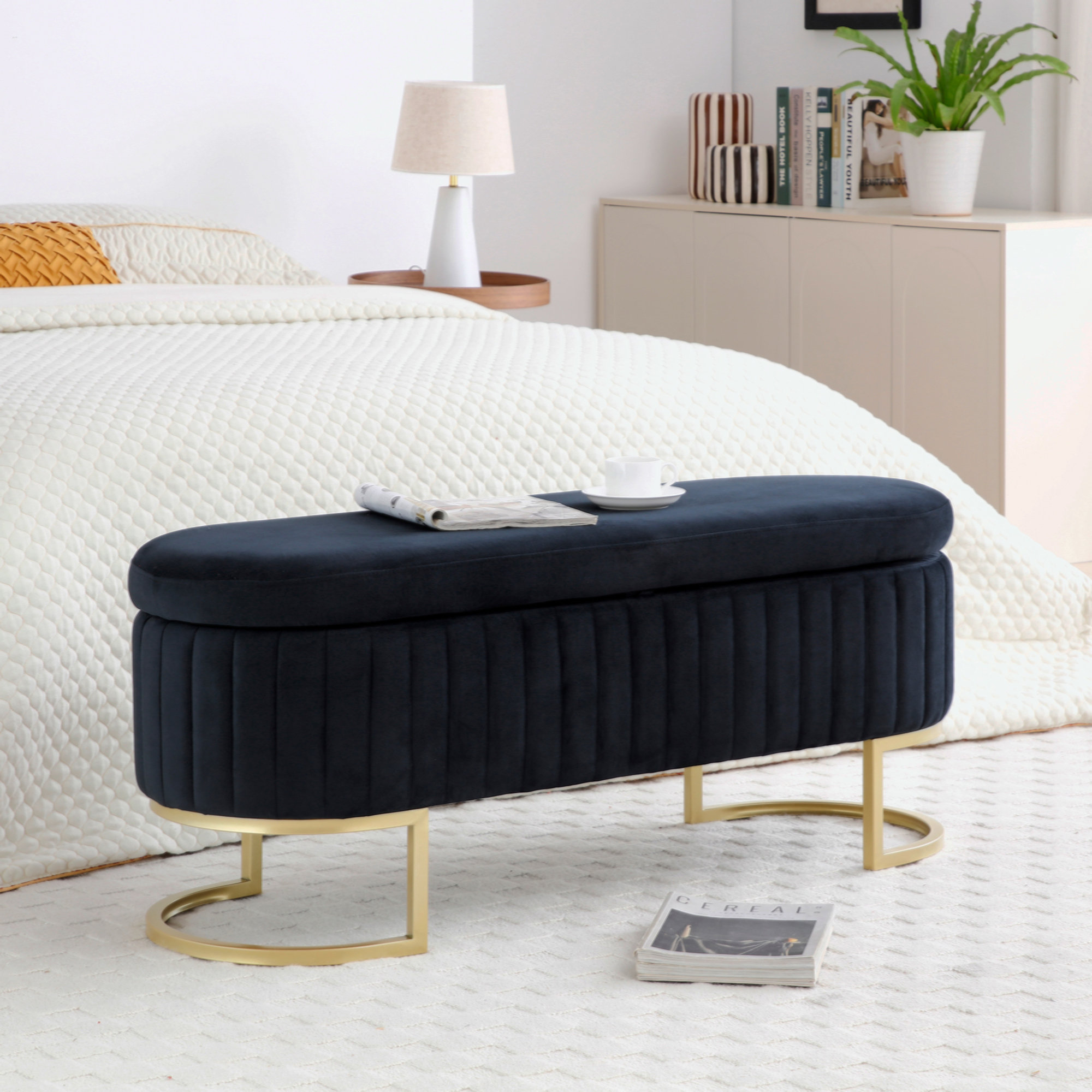 Everly Quinn Storage Bench Bedroom Bench, Velvet Oval Upholstered End ...