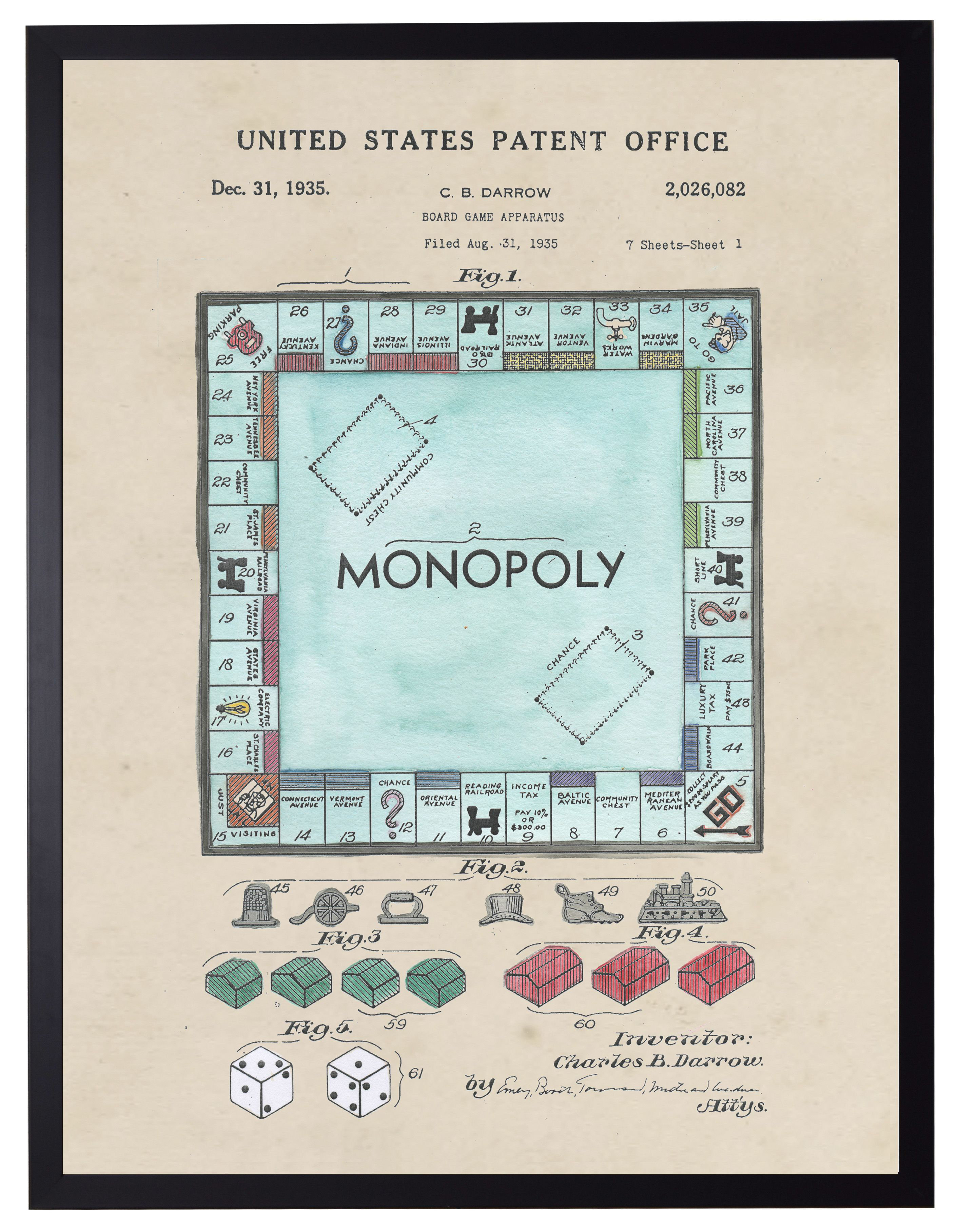 Trinx Watercolor Monopoly Patent Framed On Paper Print | Wayfair