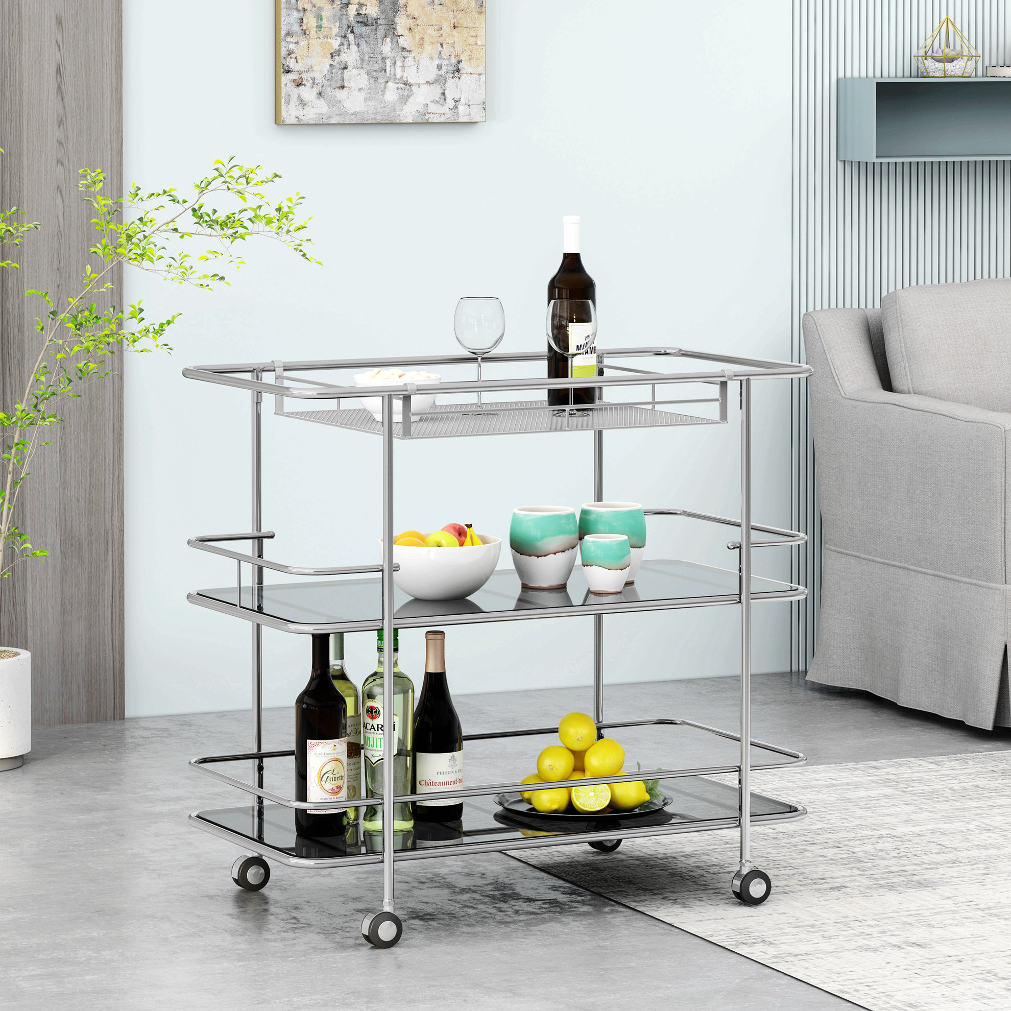 Wrought Studio Chariot-bar industriel avec plateau en verre amovible ...