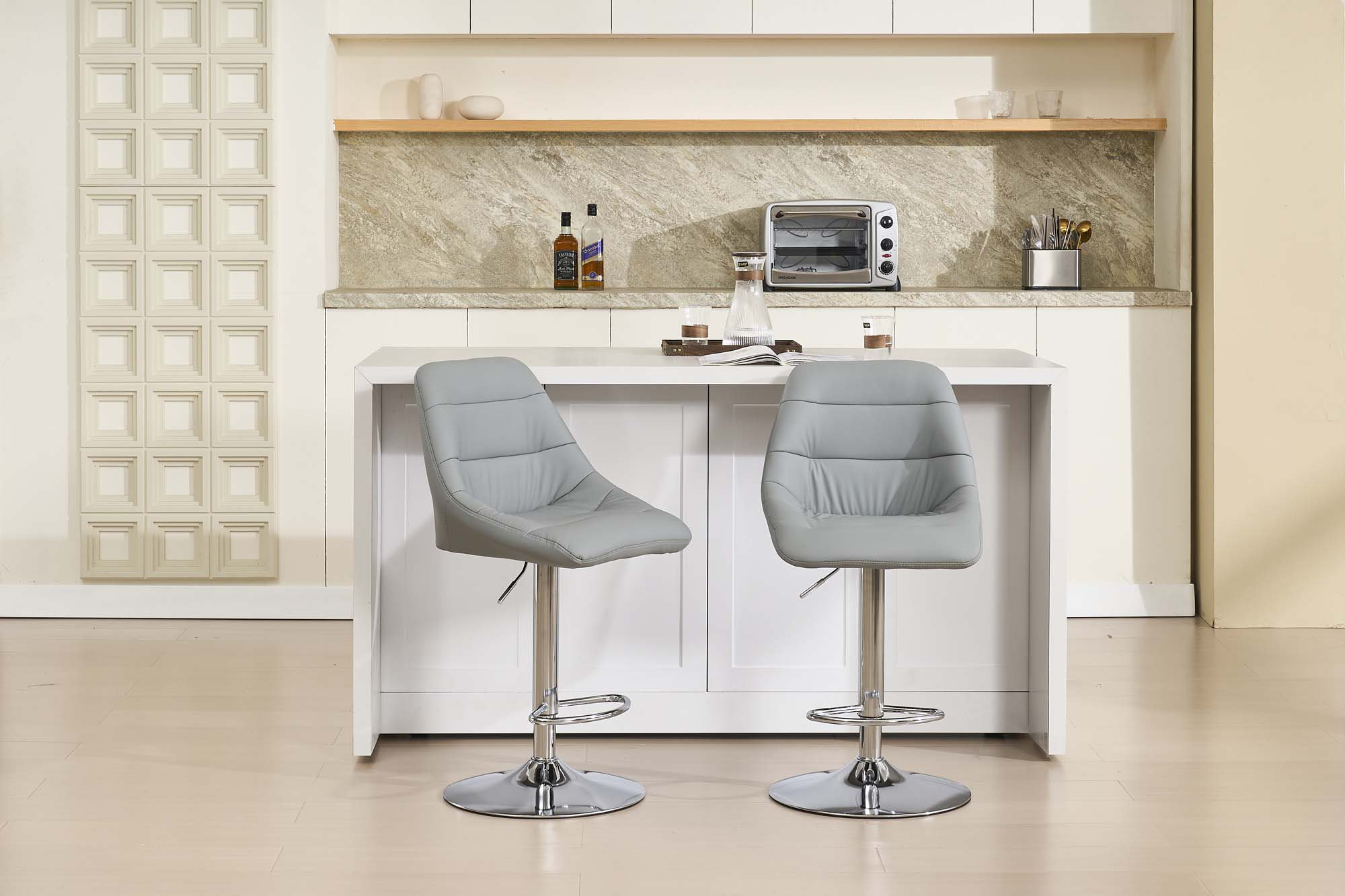 Everly Quinn Set of 2 Bar Stools, with Chrome Footrest and Base Swivel ...