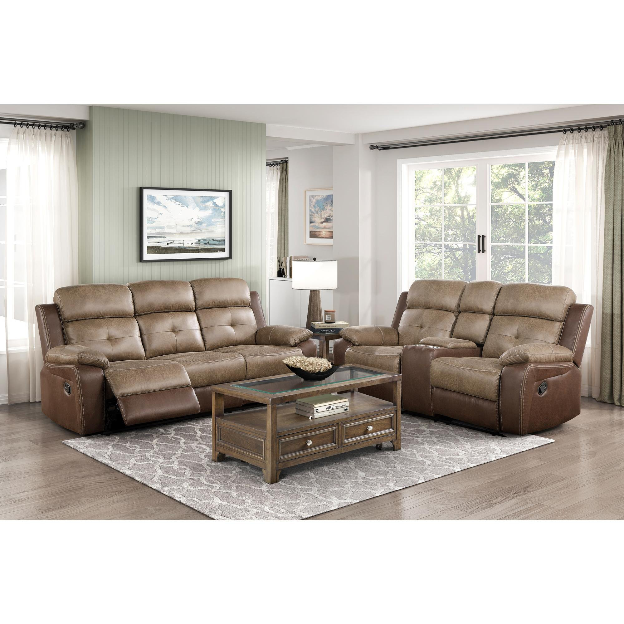 Ebern Designs Plush Comfort Sofa Set 2pc Brown Microfiber Upholstered ...