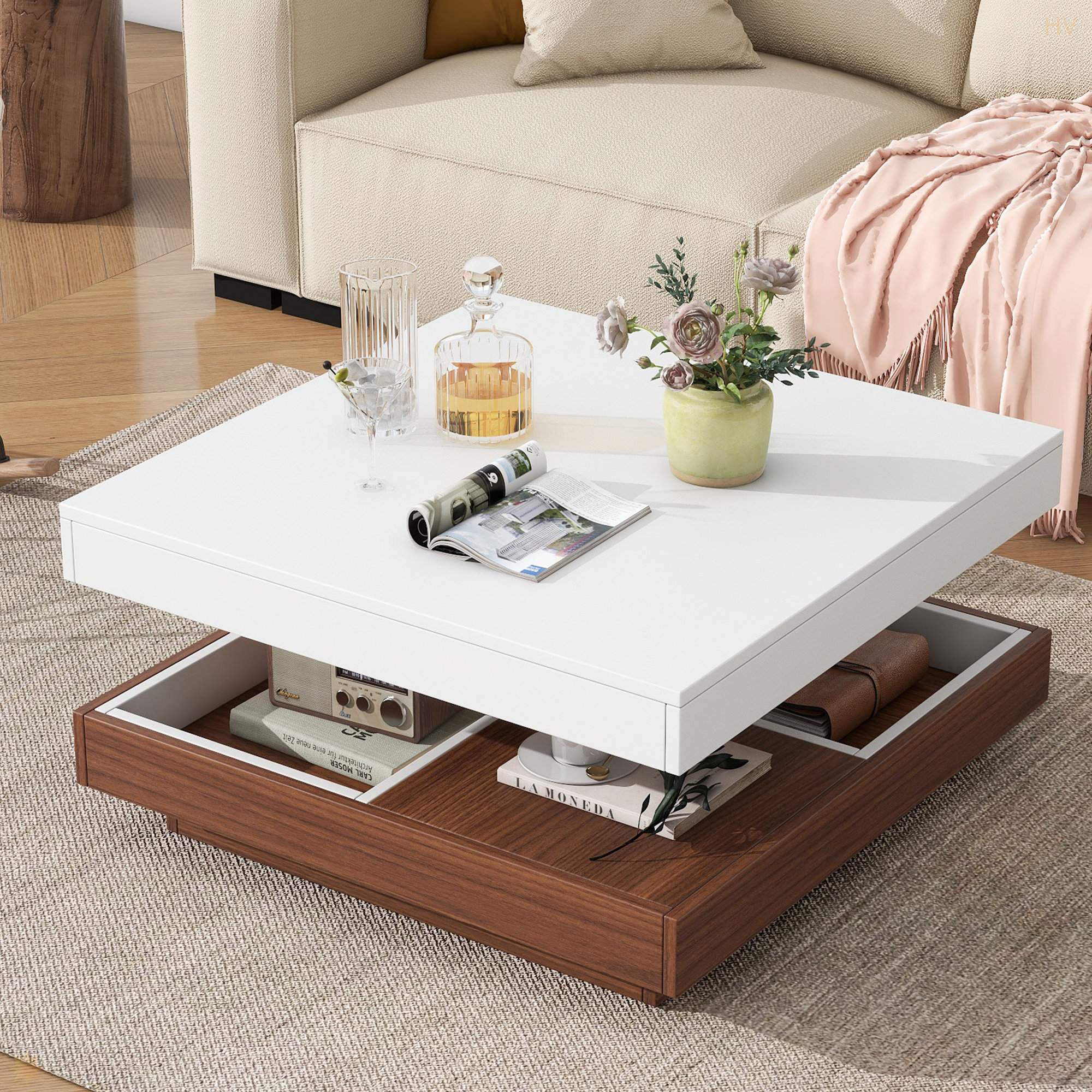 Ebern Designs Modern Square 360°Rotating Coffee Table With Three ...