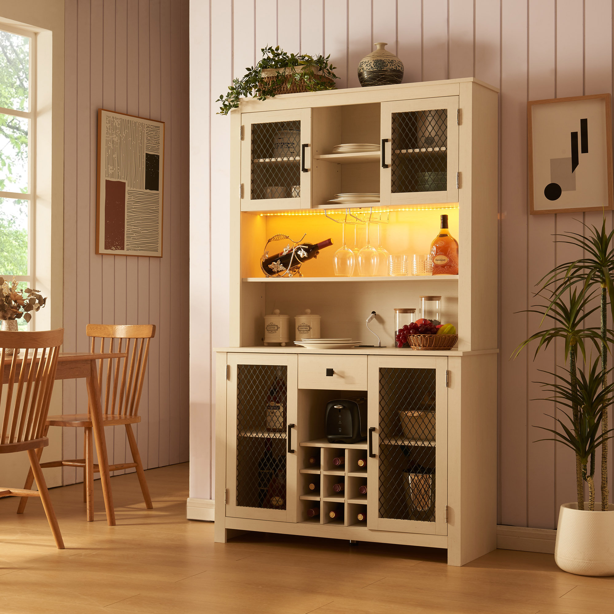 Ivy Bronx Farmhouse Coffee Bar Cabinet With LED Lights And Outlets ...