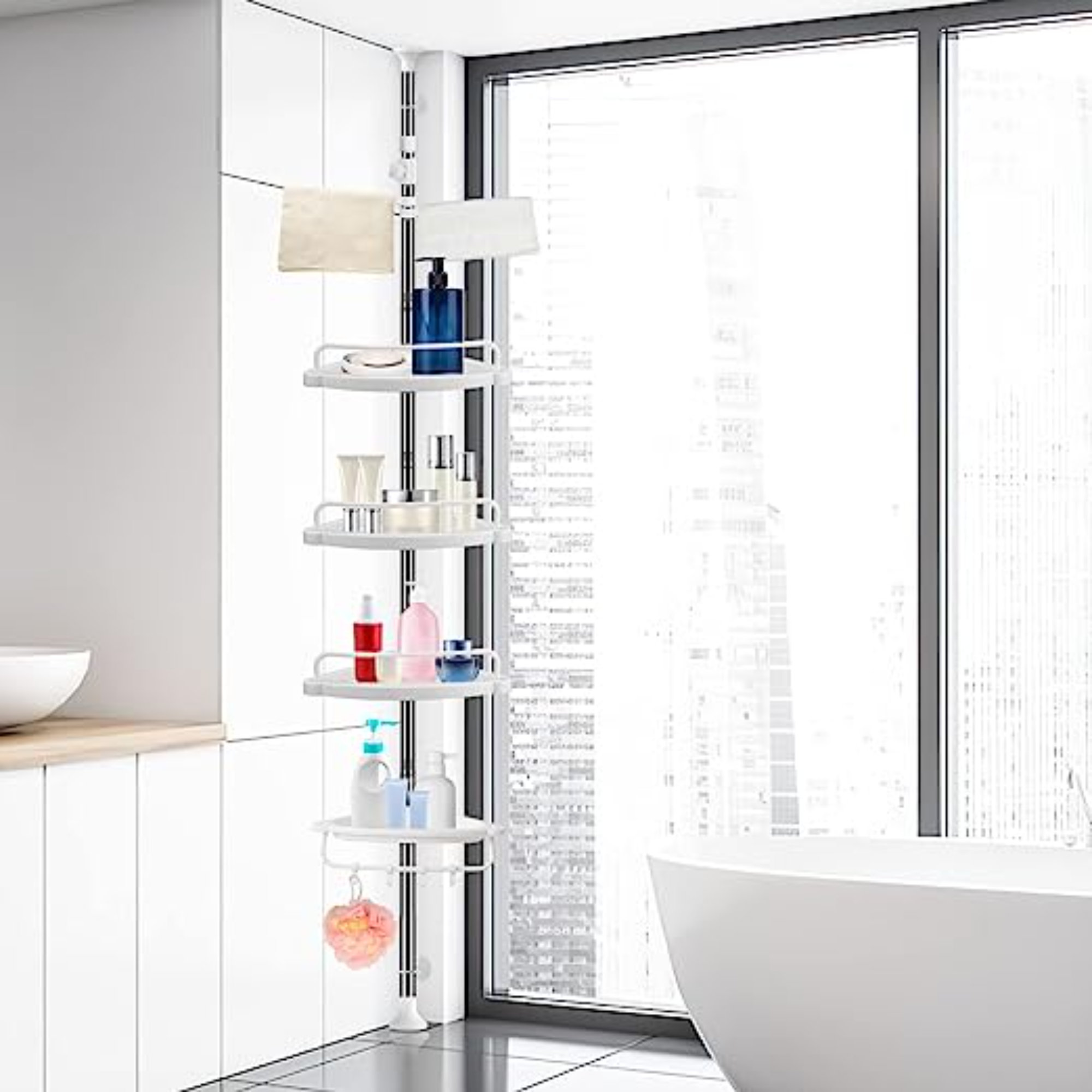 Rebrilliant Rustproof Shower Caddy Tension Pole,4 Tier Corner Caddy ...