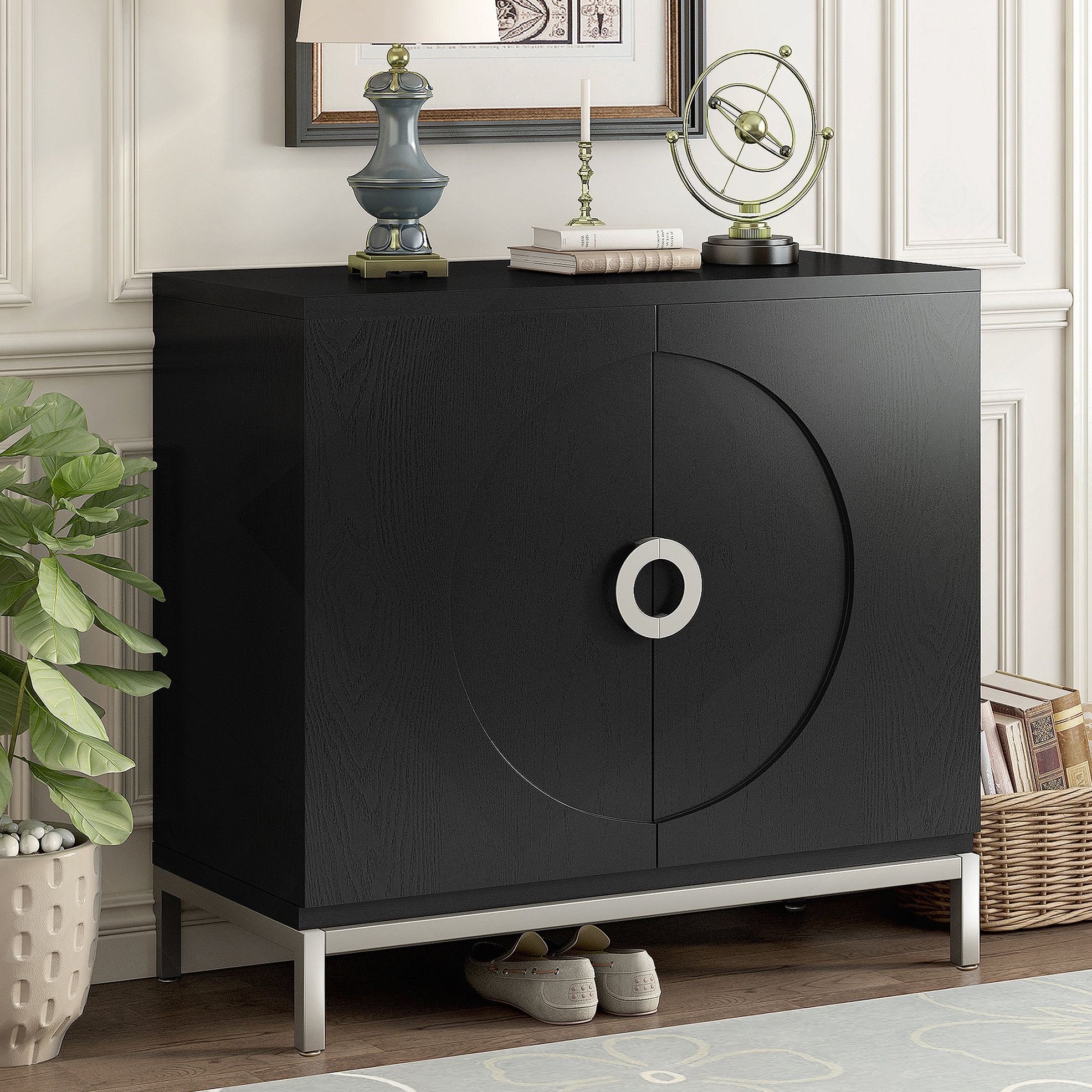 Ebern Designs Simple Storage Cabinet with Solid Wood Veneer and Metal Legs, Navy Finish for ...