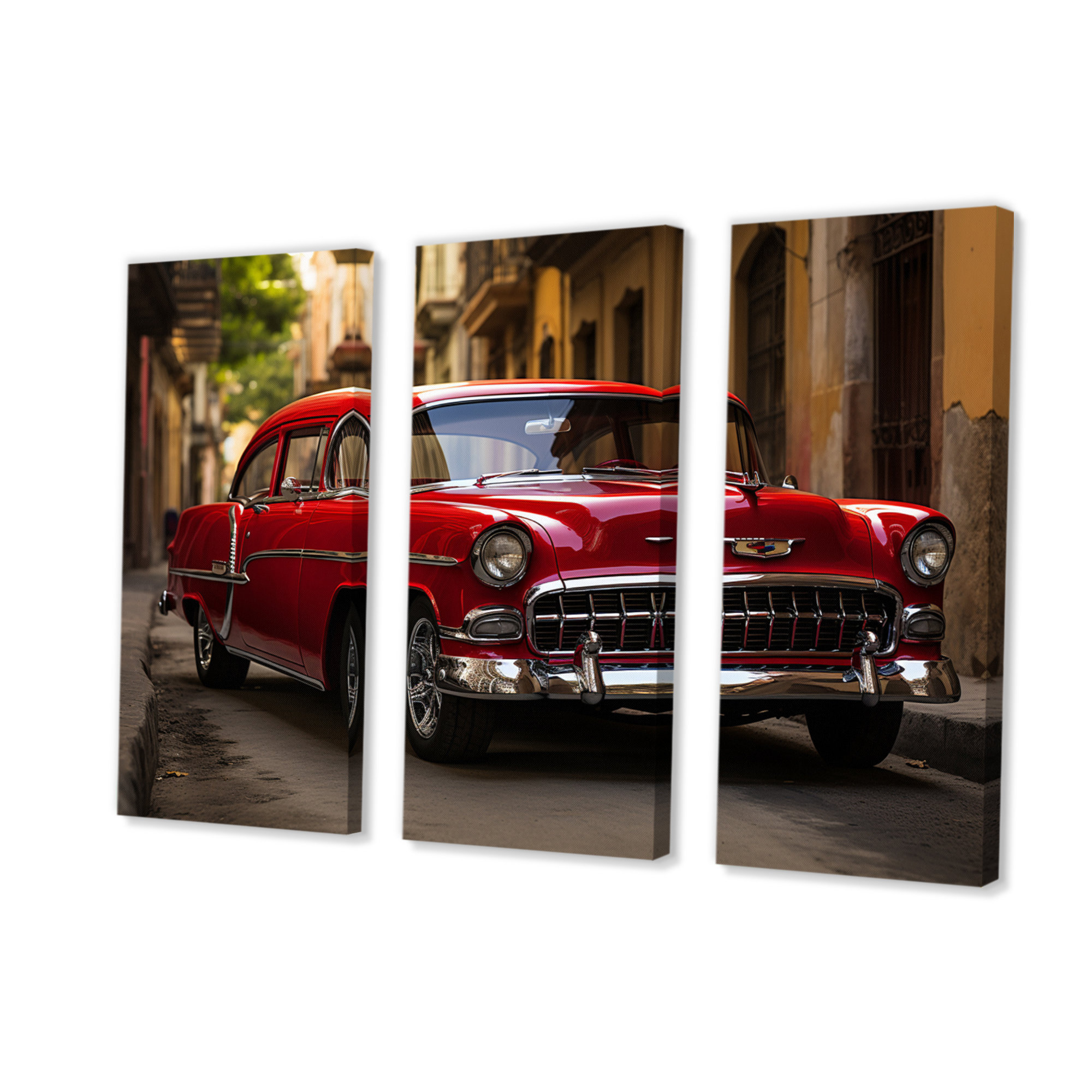 Ebern Designs Havana Red Car On Canvas 3 Pieces Print | Wayfair
