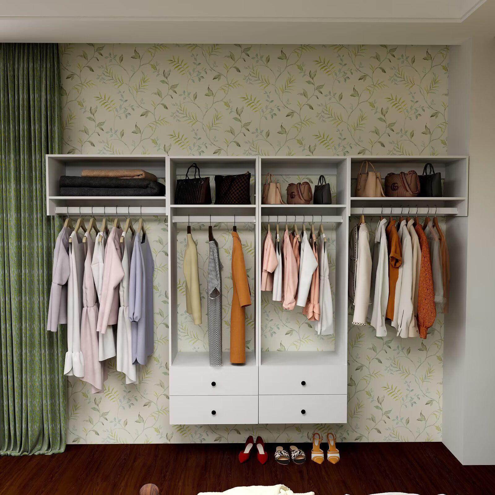 Latitude Run® White Closet System Wardrobe with 4 rods,4 drawers and 4 ...