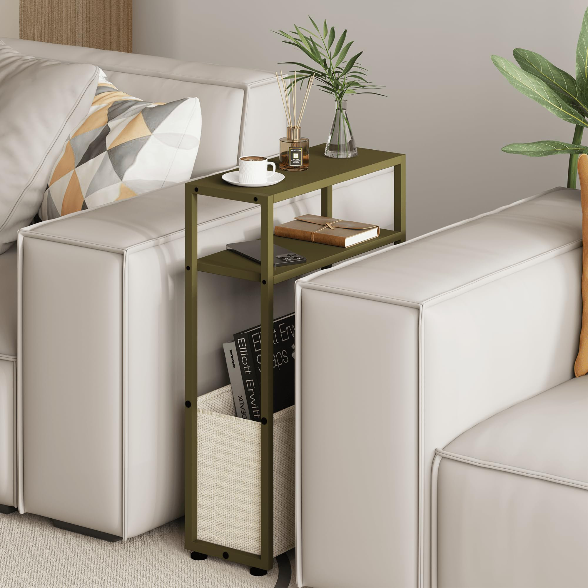 Ebern Designs Narrow Side Table, Slim End Tables With Fabric Basket ...