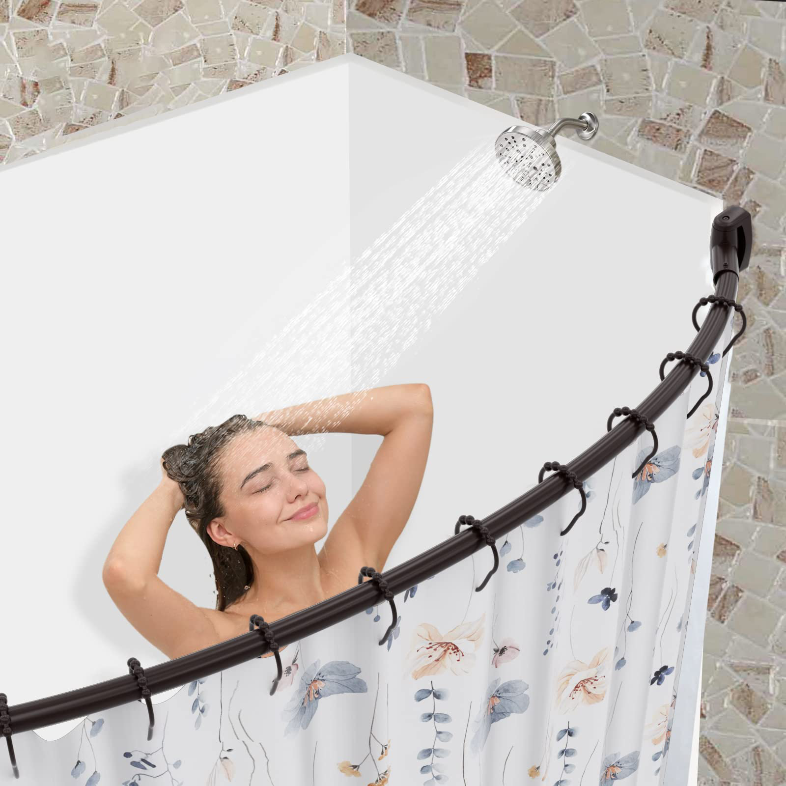 QOLFER Adjustable Curved Shower Rod, 42-74 inches Curved Shower Rod for ...