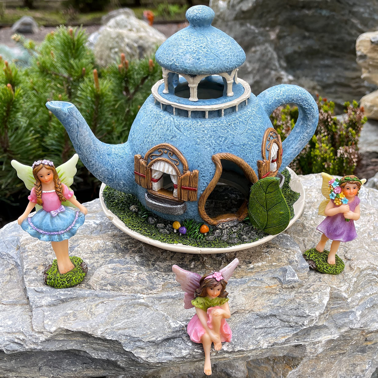 Trinx Fairy Garden Mini Teapot House Set -4-Piece Set, Indoor And ...