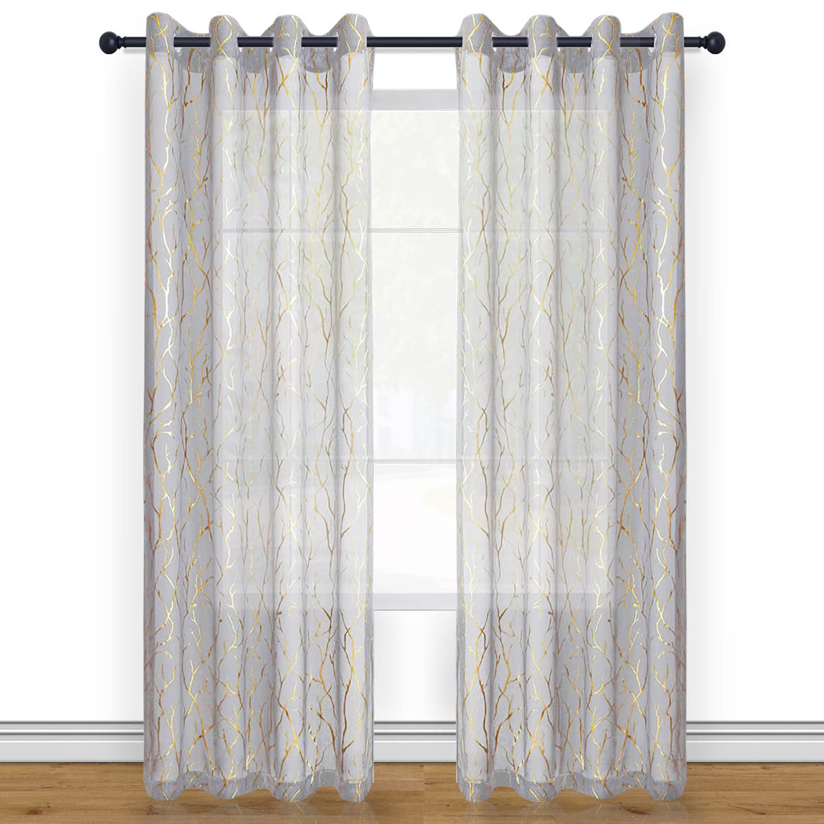 Hokku Designs Gold Foil Tree Branch Sheer Curtains 84 Inch Length For ...