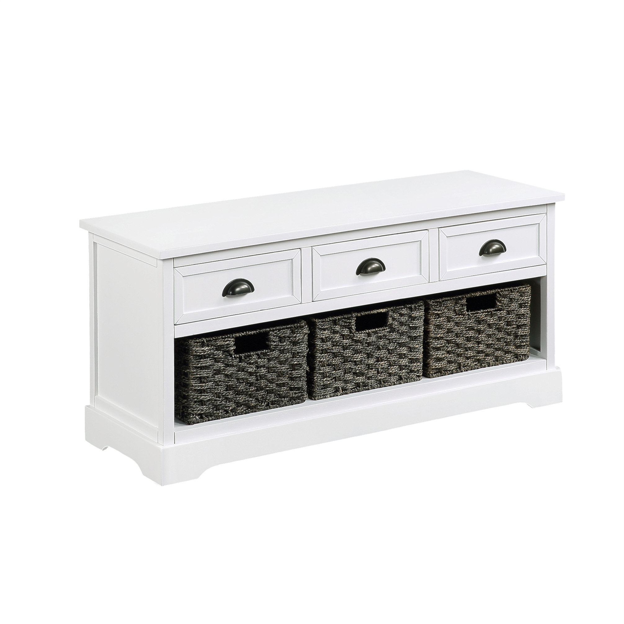 STYLISH Wood Storage Bench With 3 Drawers And 3 Woven Baskets | Wayfair