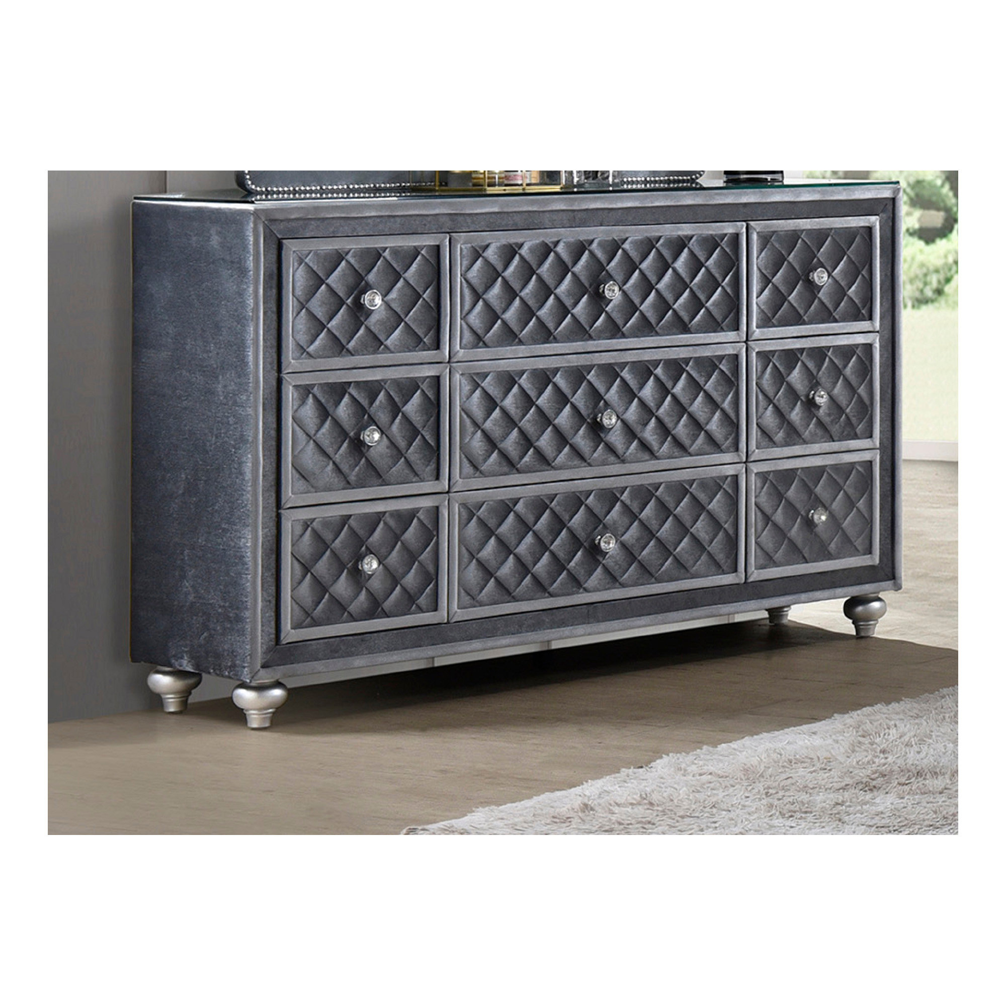 House of Hampton® 1pc Glam 9-Drawer Dresser w Tempered Glass Top Velvet ...