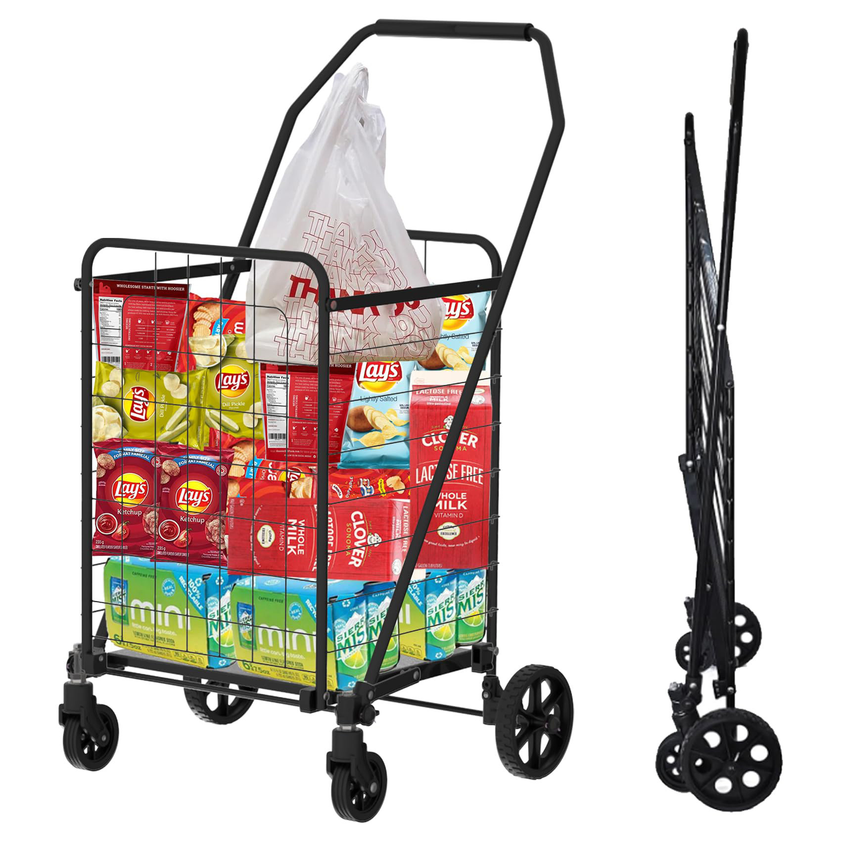 XMVJHOME Foldable Shopping Cart With 220Lbs Capacity, 360° Swivel ...