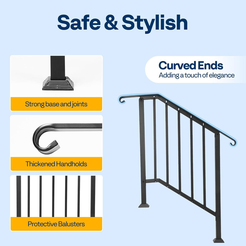 VIVOHOME Wrought Iron Curved Ends and Safty Balusters Exterior Hand ...