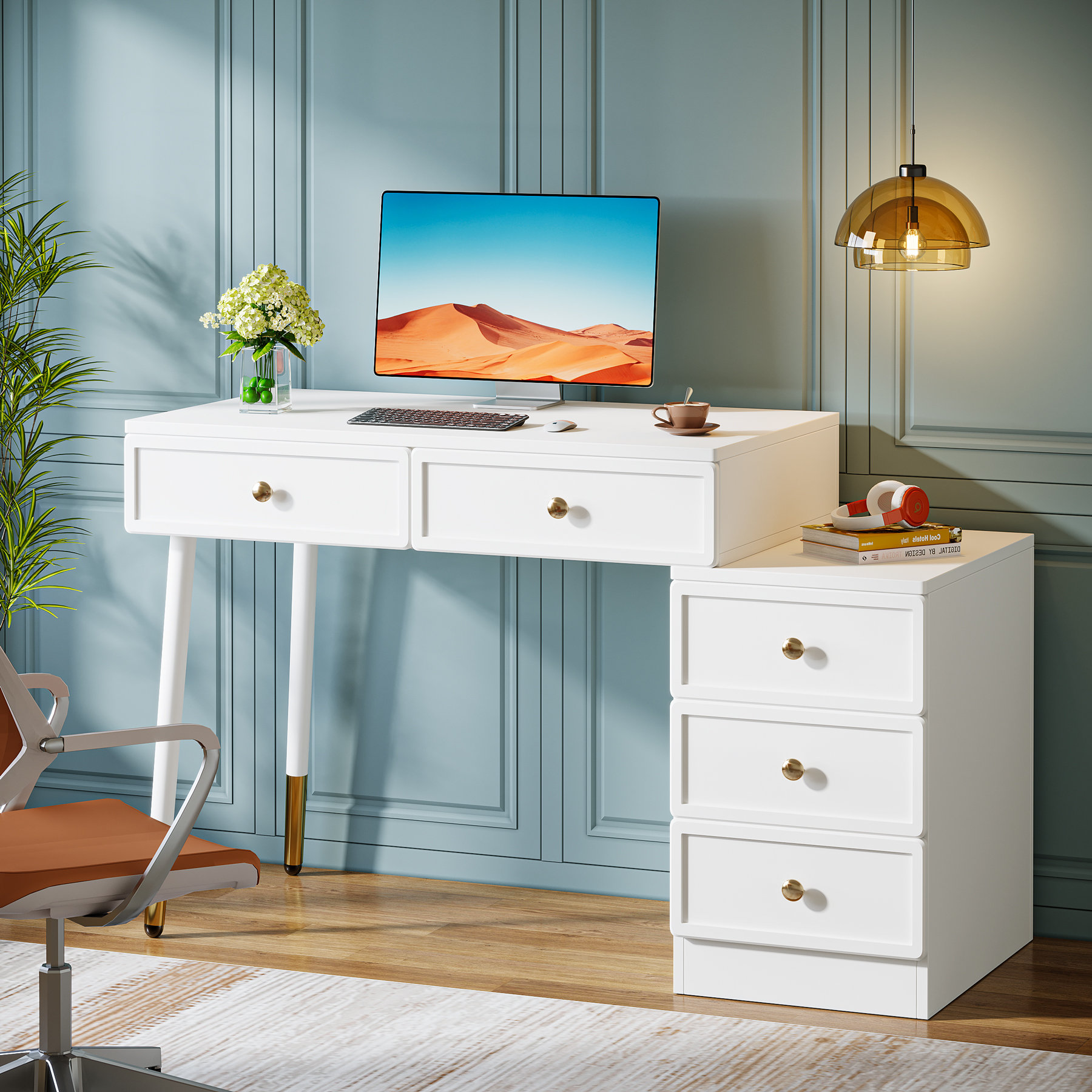 Mercer41 55" W Computer Desk With 5 Drawers, Reversible White Home ...