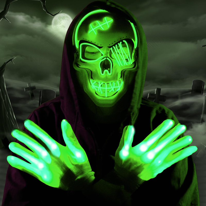 The Holiday Aisle® Halloween Mask Skeleton Gloves Set, Light Up Scary ...