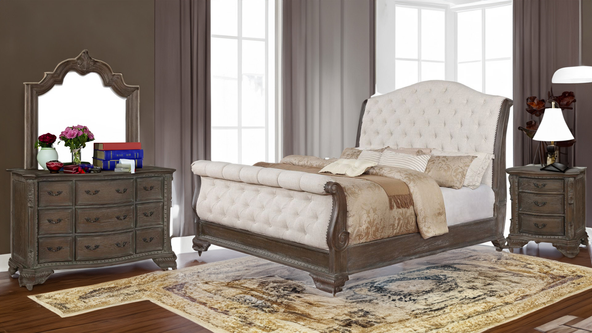 Canora Grey Rhilee Upholstered Sleigh 4 Piece Bedroom Set | Wayfair