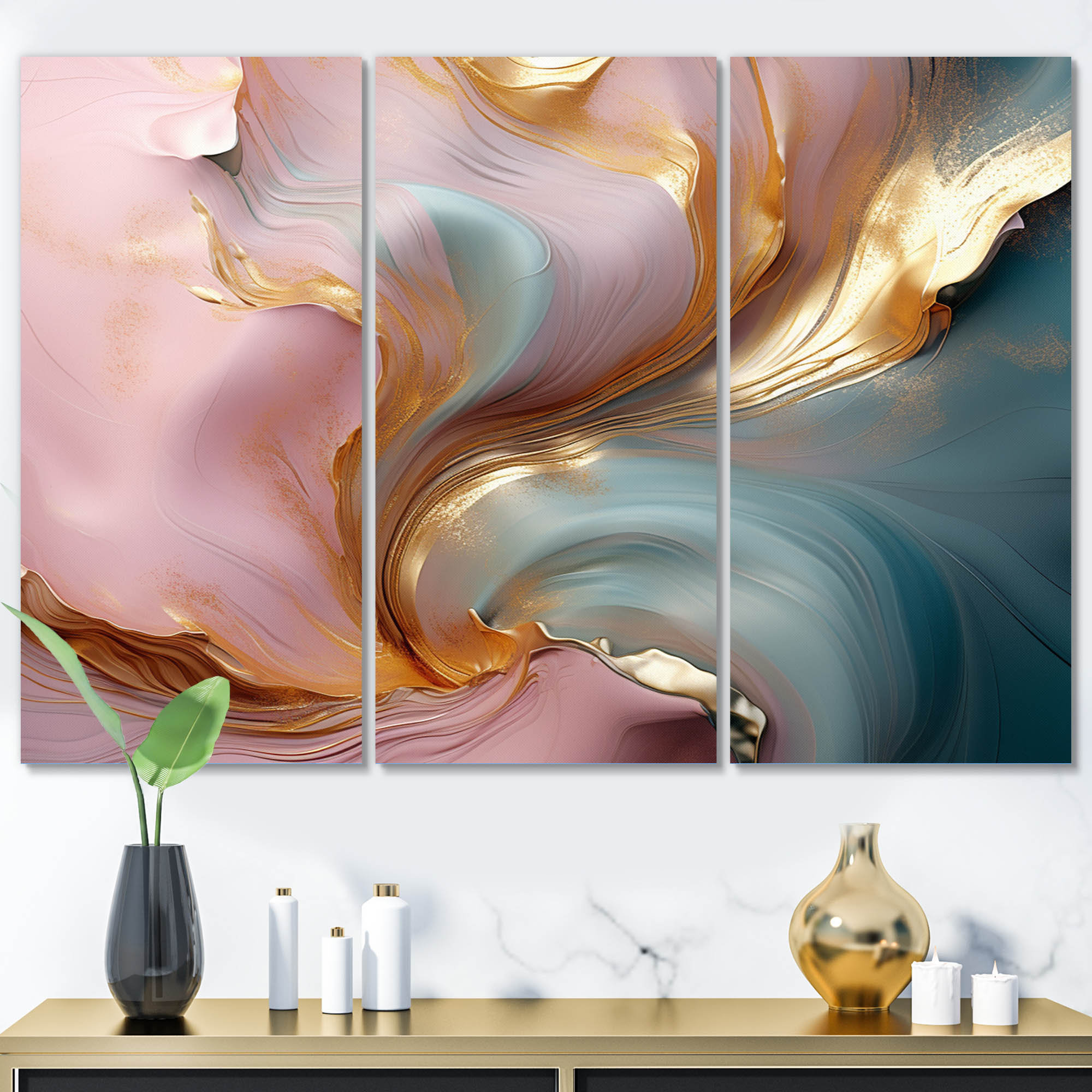 Ivy Bronx Exquisite Wave Harmony Liquid Gold Pink Blue III On Canvas 3 ...