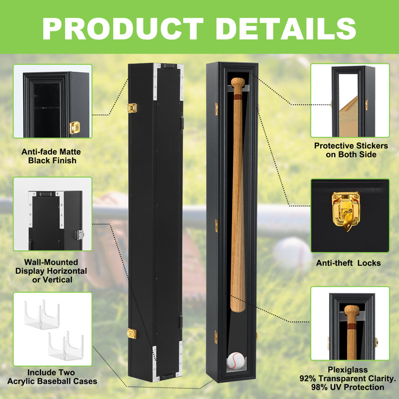 MUKE Baseball Bat Wall Display with UV Shielded Acrylic & Dual Baseball ...