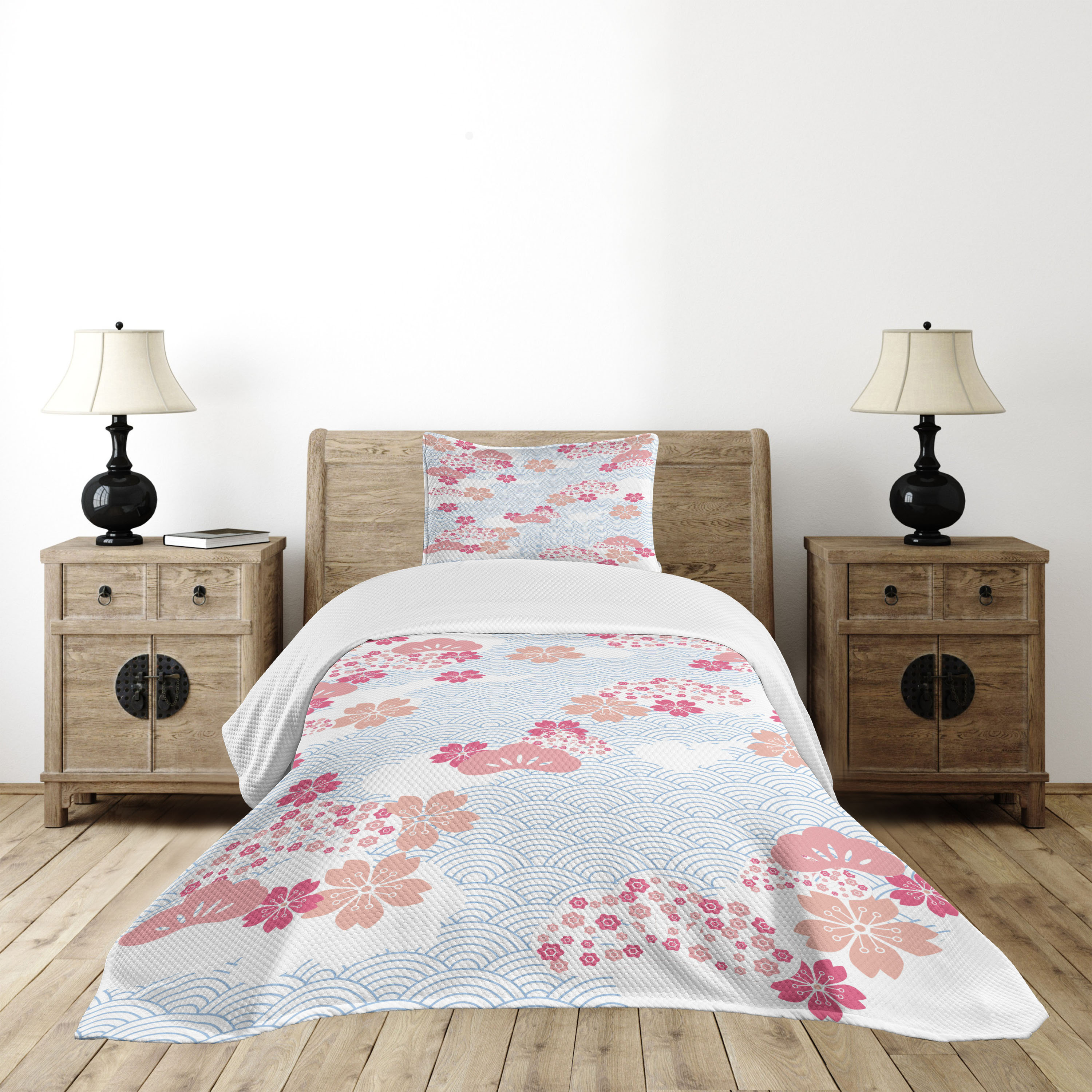 Ambesonne Japanese Bedspread Set Squama Cherry Blossom Dark Coral Pale ...