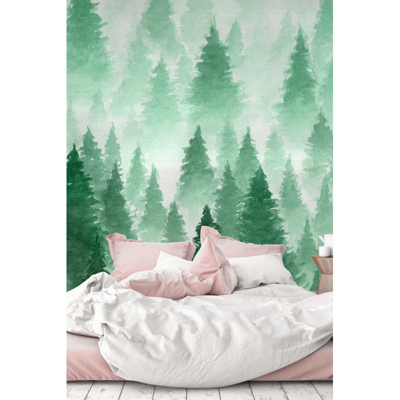 Wrought Studio Frey Removable Hand Drawn Landscape Foggy Forest 7.92' L ...