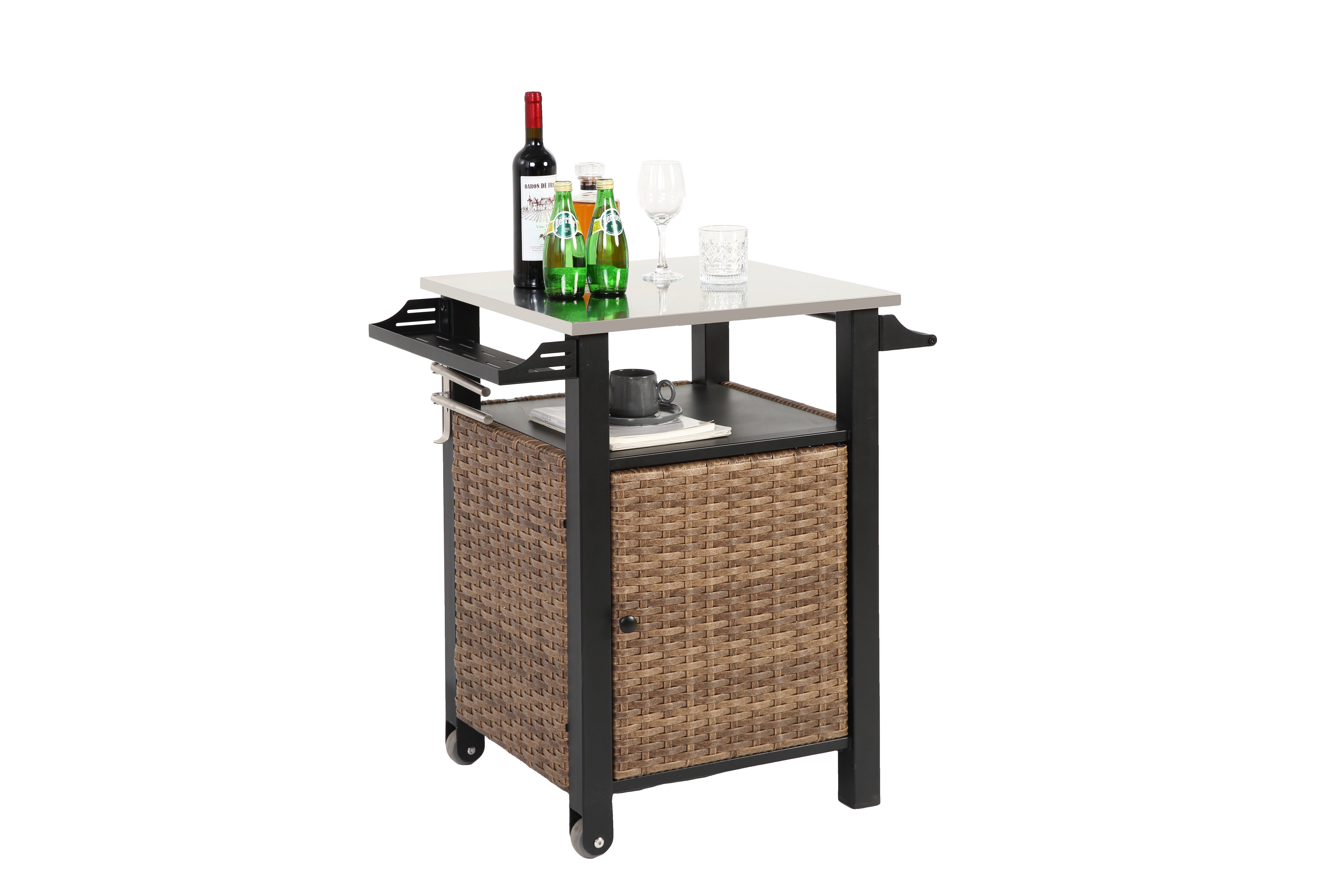 Decopom Single Door Bar Cart with Stainless Steel Top, Outdoor Wicker ...