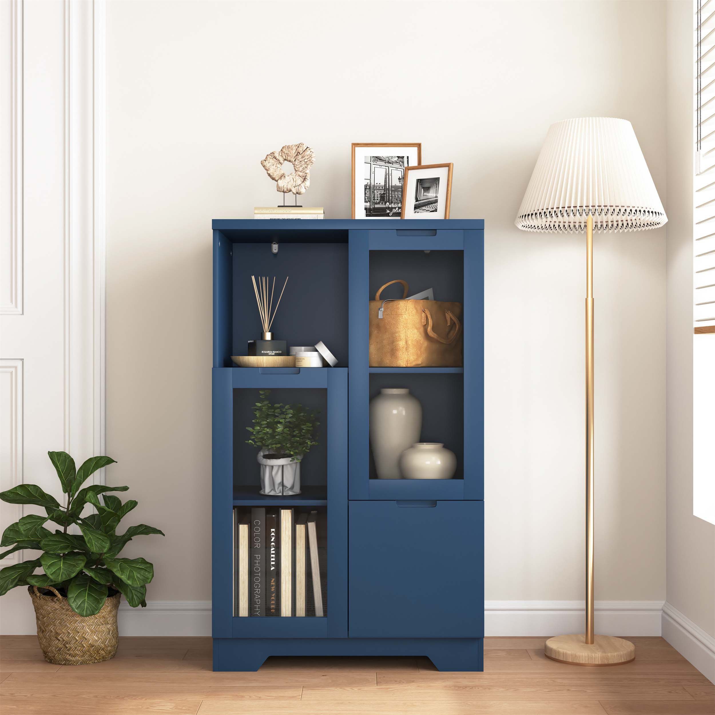 George Oliver Floor Cabinet with Two Shatterproof Glass Doors and Two ...