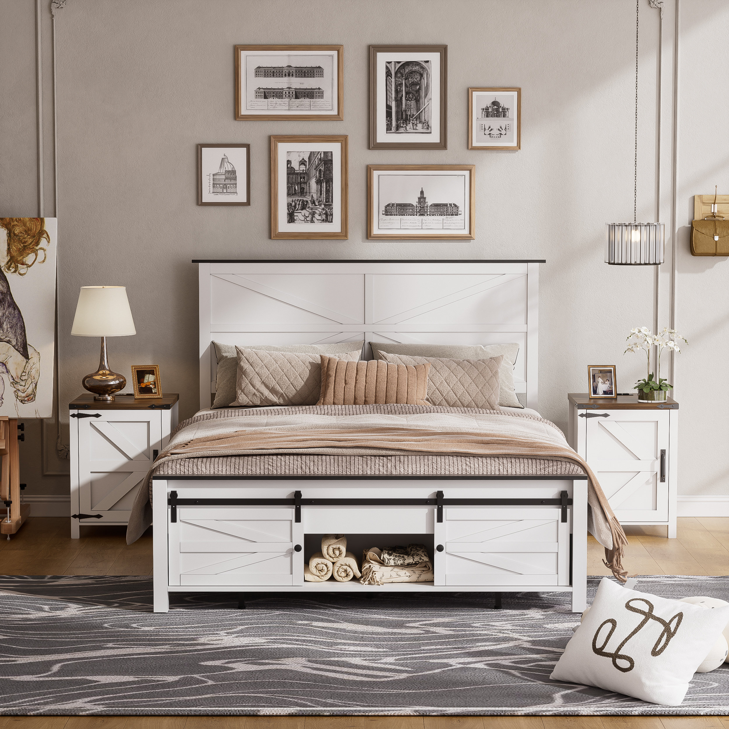 Gracie Oaks Polett Queen Bed Frame with Sliding Barn Door and Storage ...