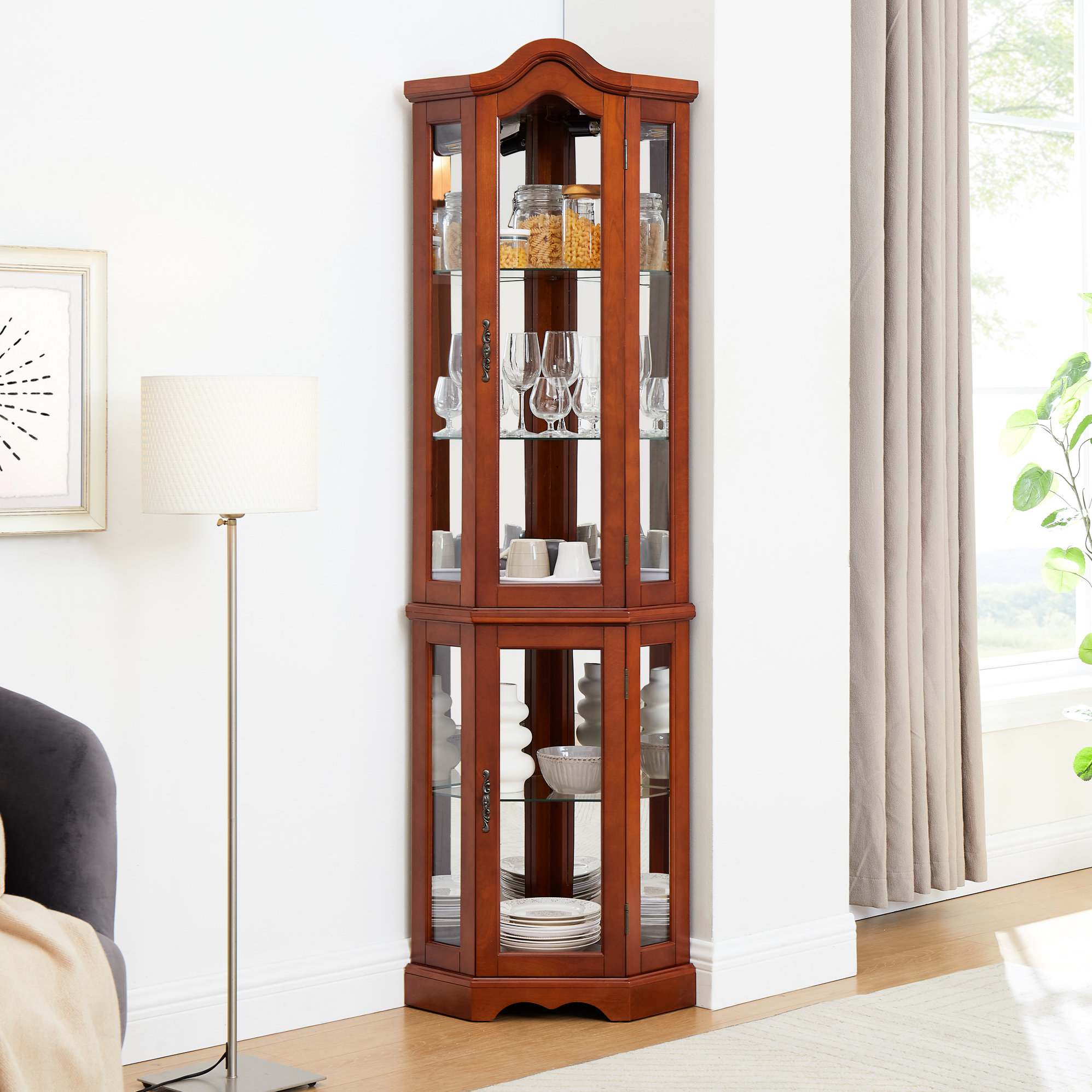 Astoria Grand Walnut Curio - Lights Adjustable Shelf Mirrored Display Cabinet Unit Corner Finish ...